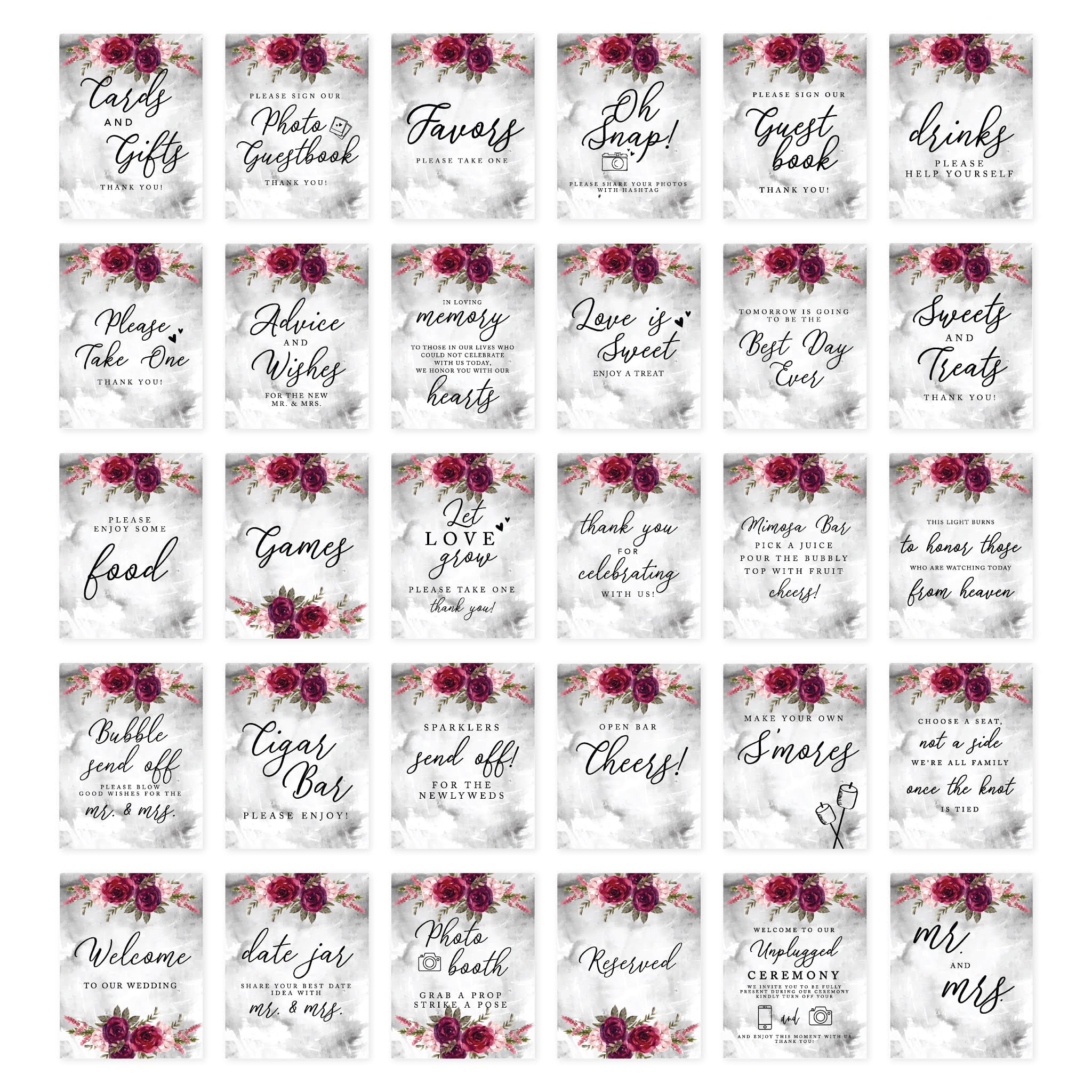 Koyal Wholesale Burgundy Pink Florals with Marble Wedding Signs Bundle ...
