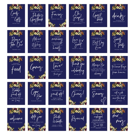 Koyal Wholesale Navy Blue Fall Florals Wedding Signs Bundle Set for ...