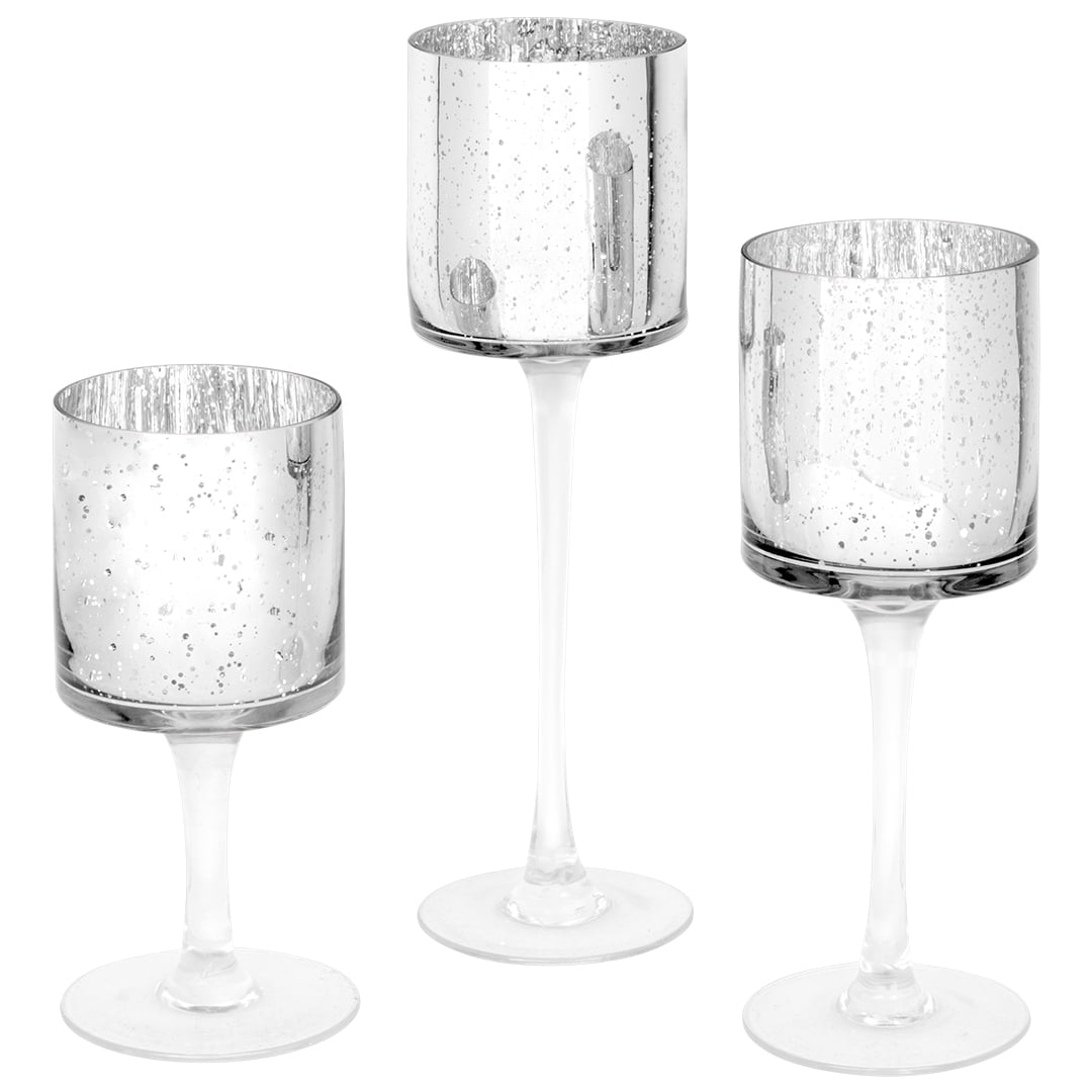 Koyal Wholesale Silver Long Stem Glass Candle Holder, Set of 3 ...
