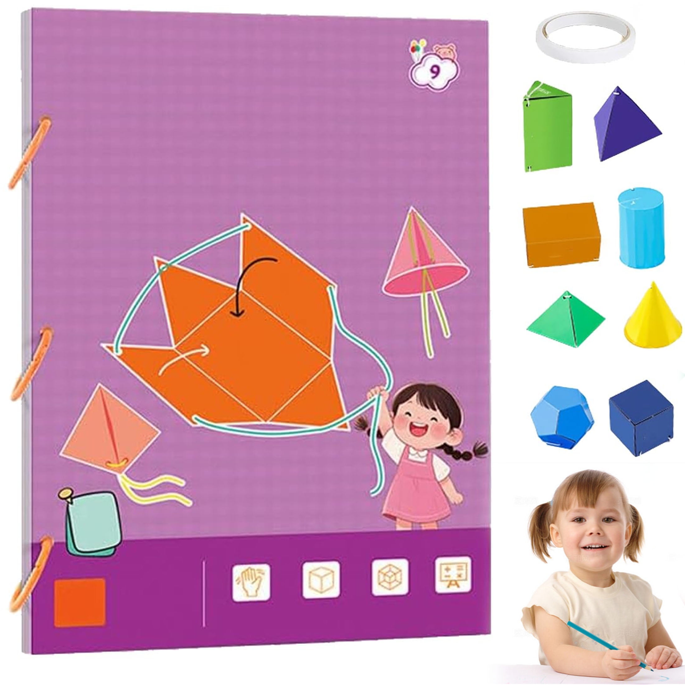 Koyoata Pull String 3D Geometry Learning Book - Buildable 9/12/15 Solids, Hands-On Shape ...