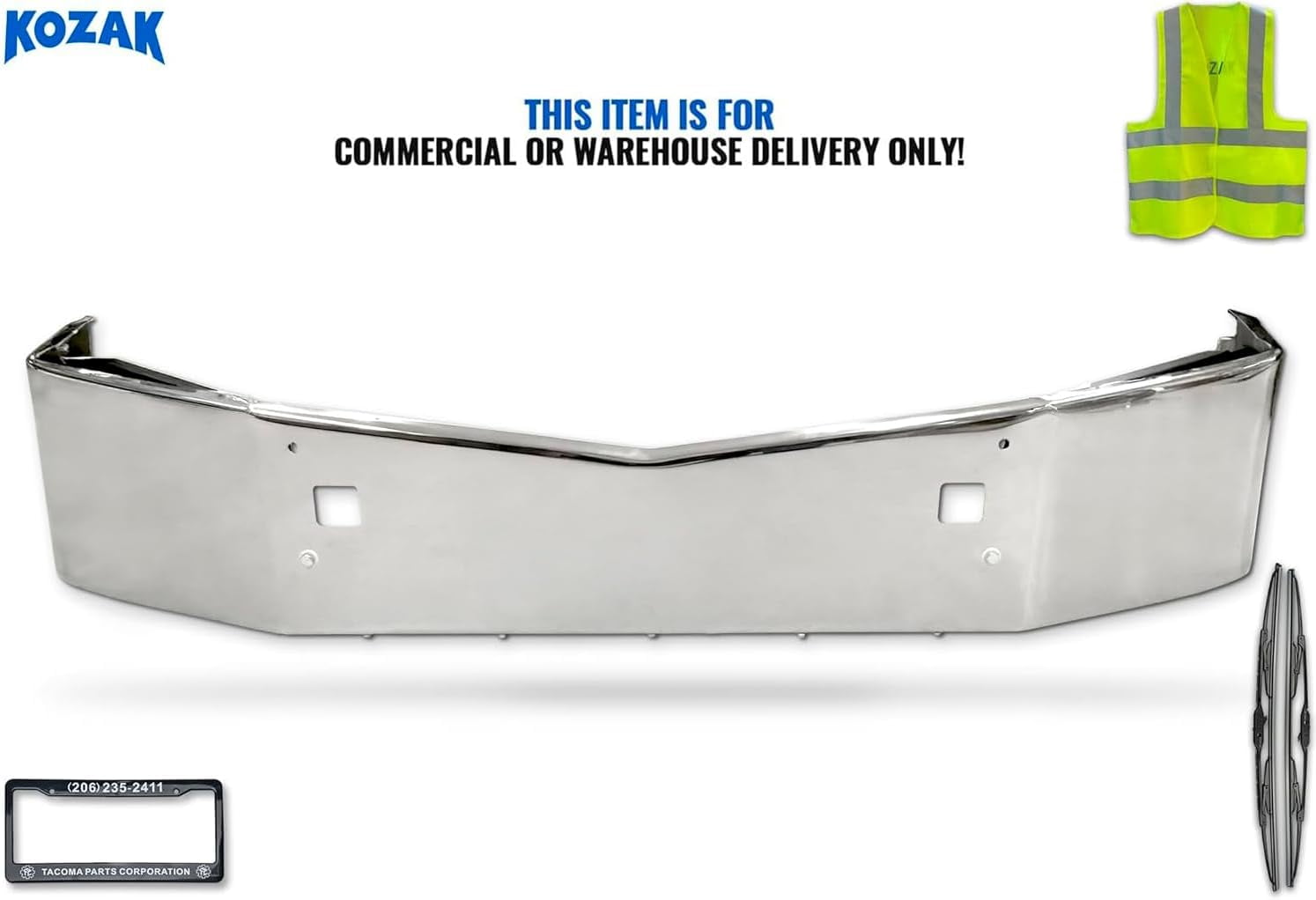 Kozak 16" Chrome Front Bumper with Tow Holes Compatible with Peterbilt ...
