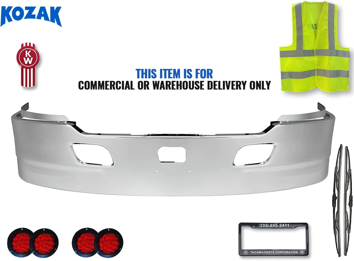 Kozak 17" Aero Style Chrome Bumper without Fog Light Holes for Kenworth ...