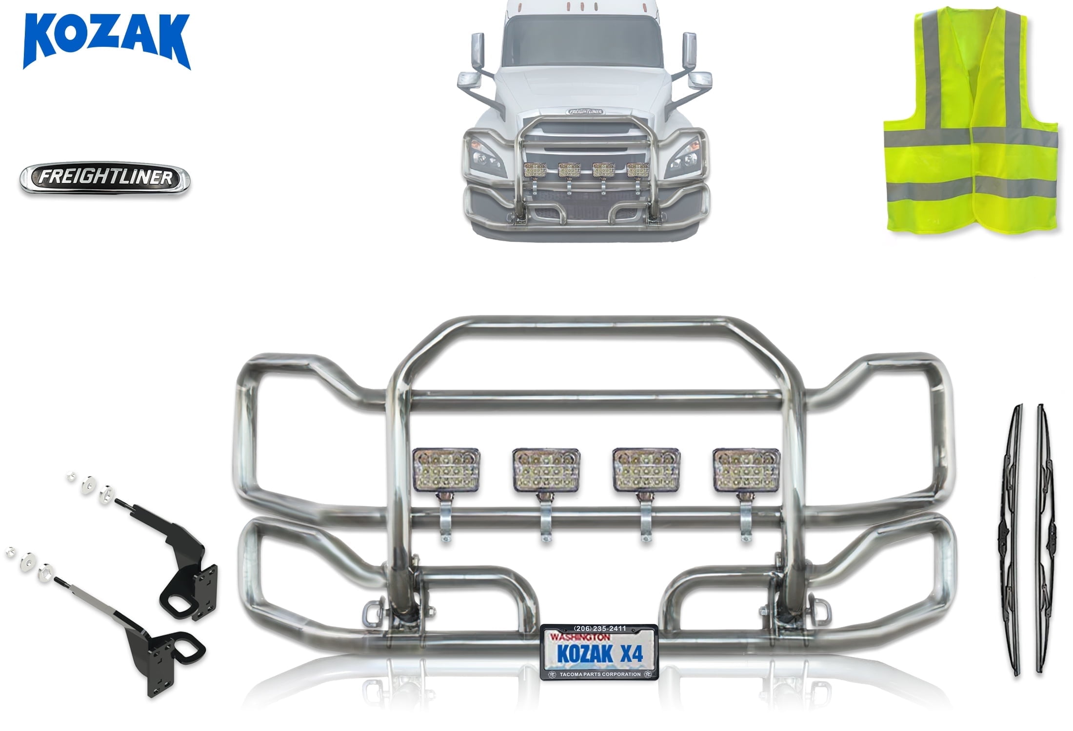Kozak Freightliner Cascadia 2018+ (No Fog Light) Grille Deer Bumper Guard Chrome (Aftermarket ...