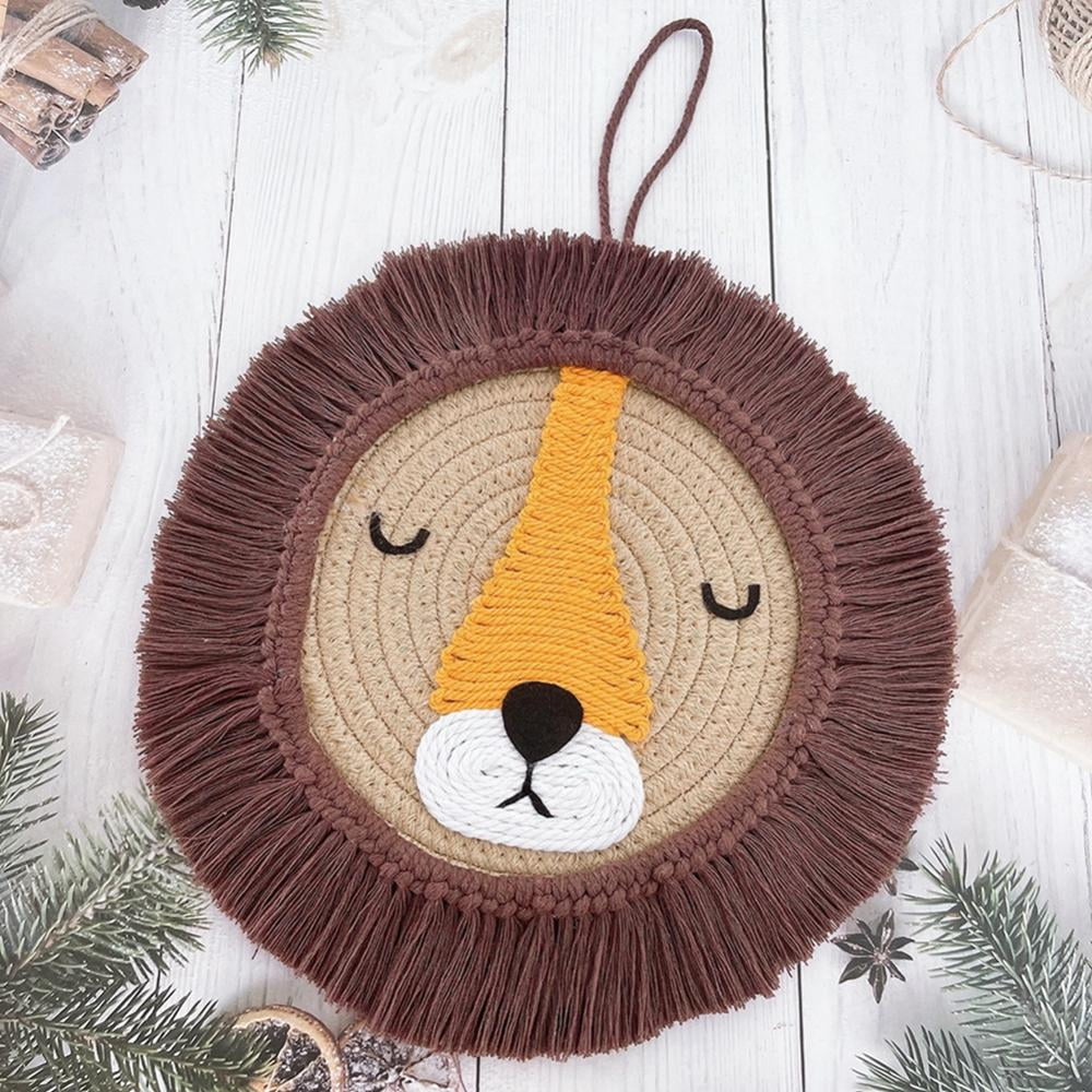 Wall Art Animal Head Hand Knitted Cartoon Tassel Beard Macrame Pendant ...