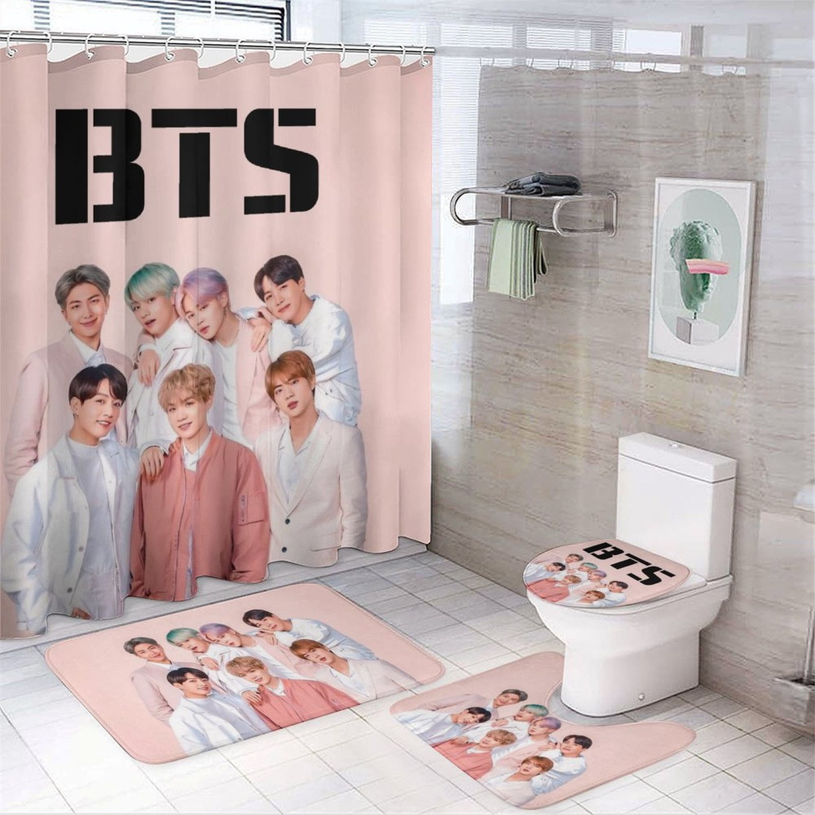 Kpop BTS Kpop BTS 4 Pcs Shower Curtain Sets with Rugs, Bath Mat, U ...