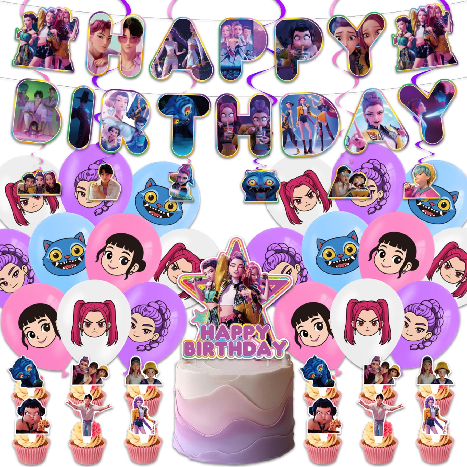 Kpop Demon Hunters Birthday Party Decorations Kit - K-pop Huntrix Complete Set with Backdrop ...