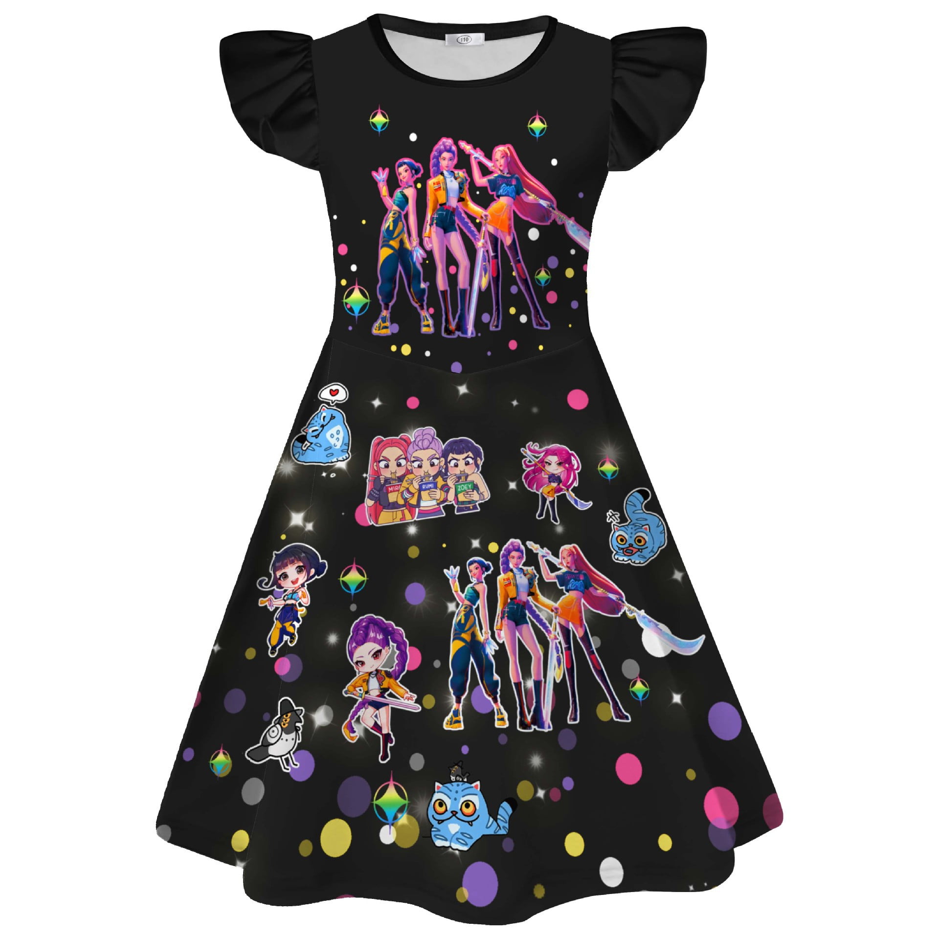 Kpop Demon Hunters Girls Flutter Sleeve Dress Cartoon Character Print A ...