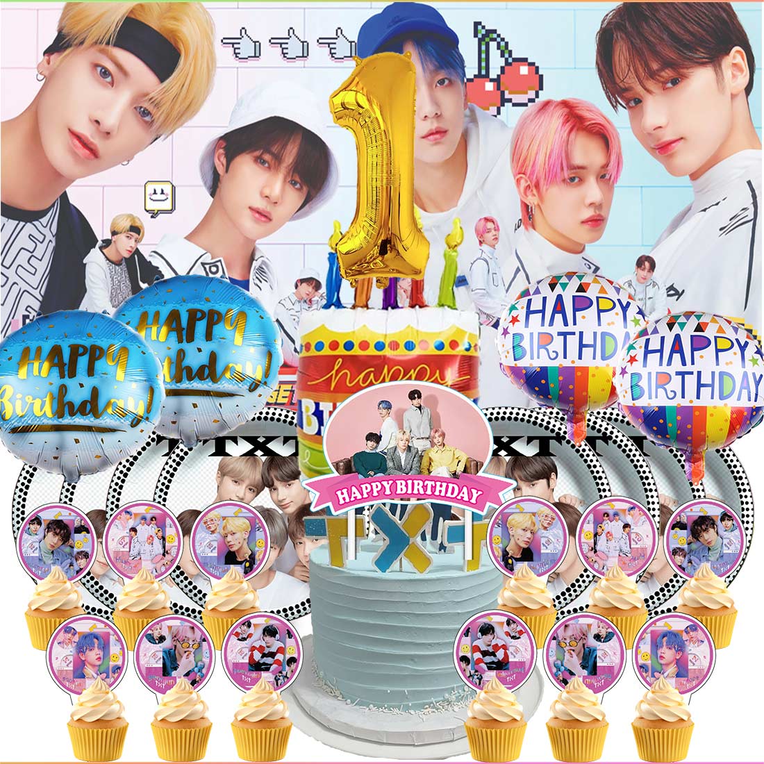 Kpop TXT 1st Tableware Balloons Cake Toppers Backdrop Banner Supplies ...