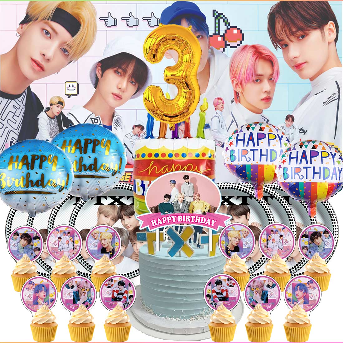 Kpop TXT 3rd Tableware Balloons Cake Toppers Backdrop Banner Supplies ...