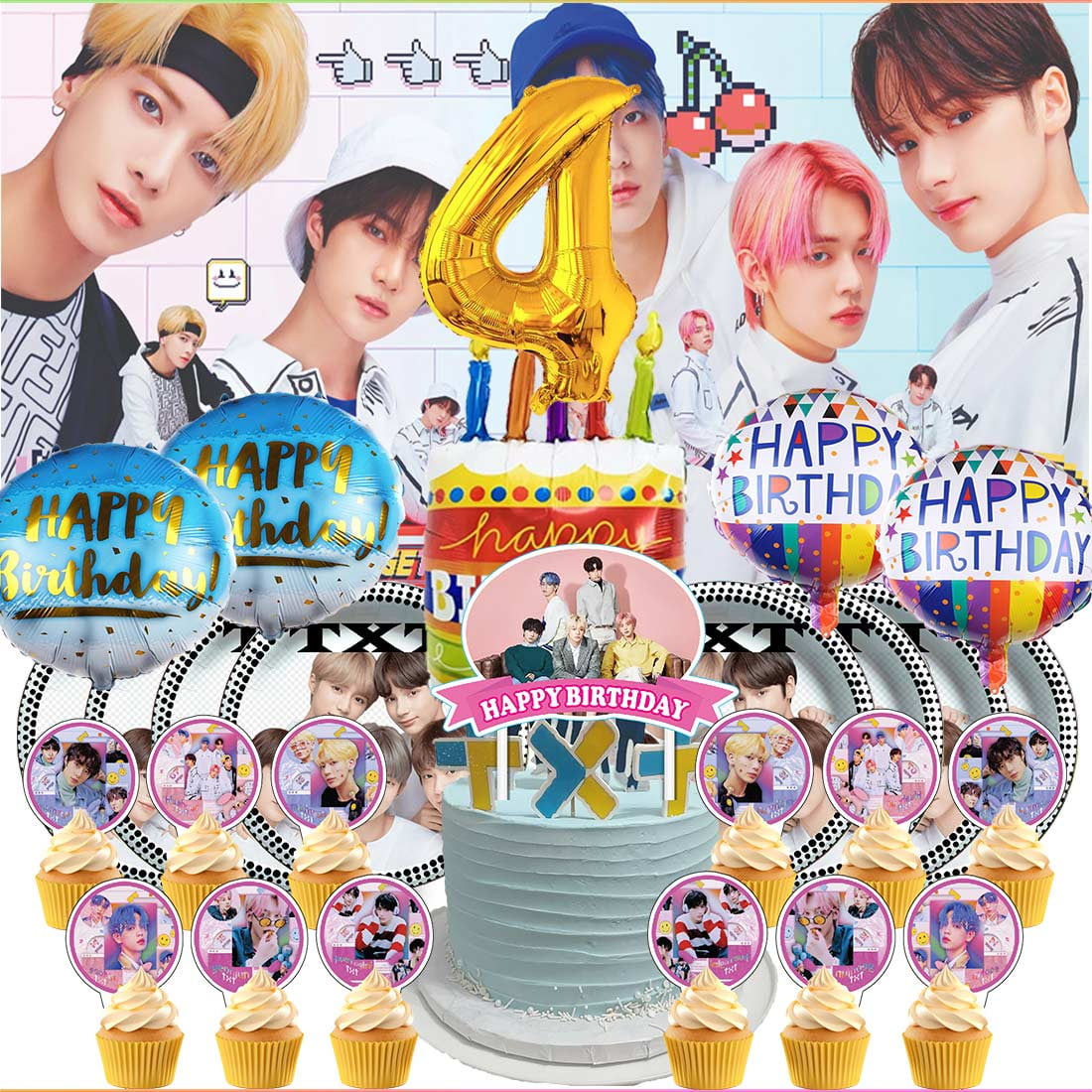 Kpop TXT 4th Tableware Balloons Cake Toppers Backdrop Banner Supplies ...