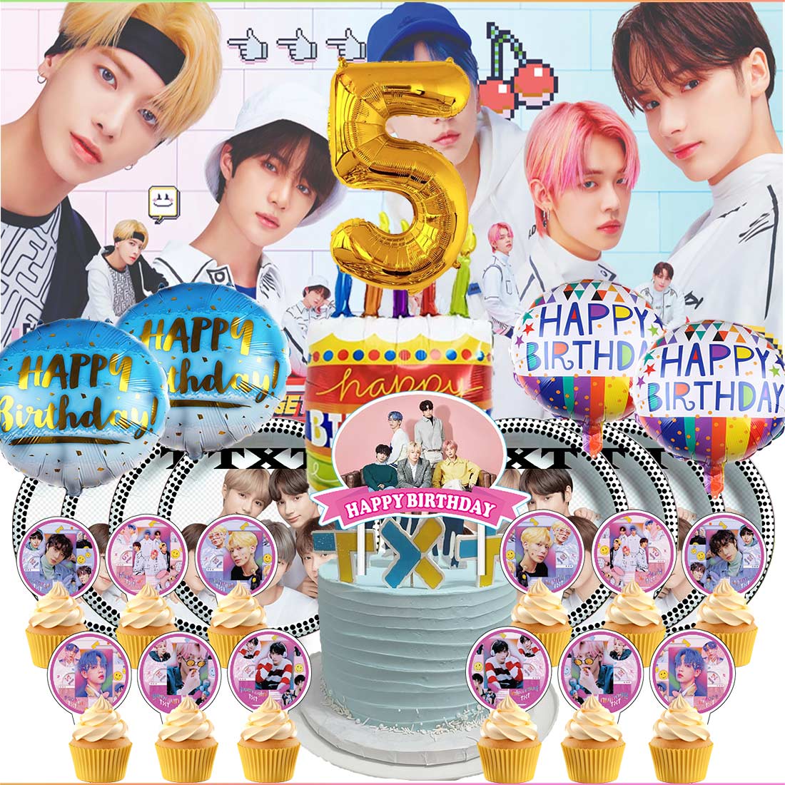 Kpop TXT 5th Tableware Balloons Cake Toppers Backdrop Banner Supplies ...