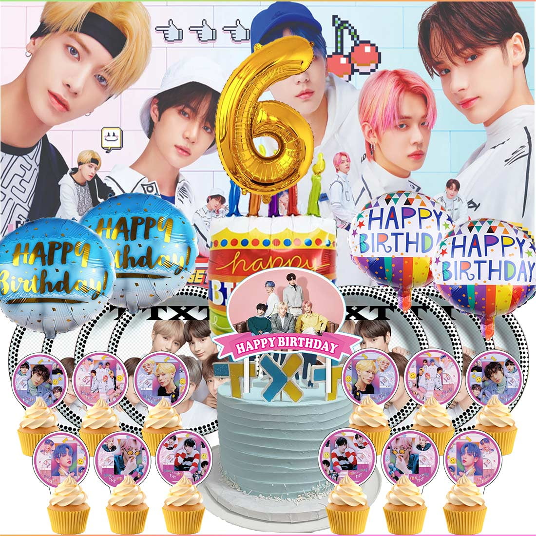 Kpop TXT 6th Tableware Balloons Cake Toppers Backdrop Banner Supplies ...