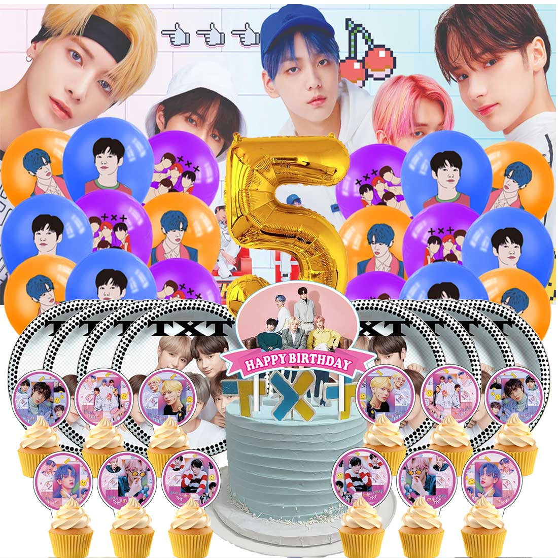 Kpop TXT Balloons Party Supplies 5th Decor Tableware Birthday Cake ...