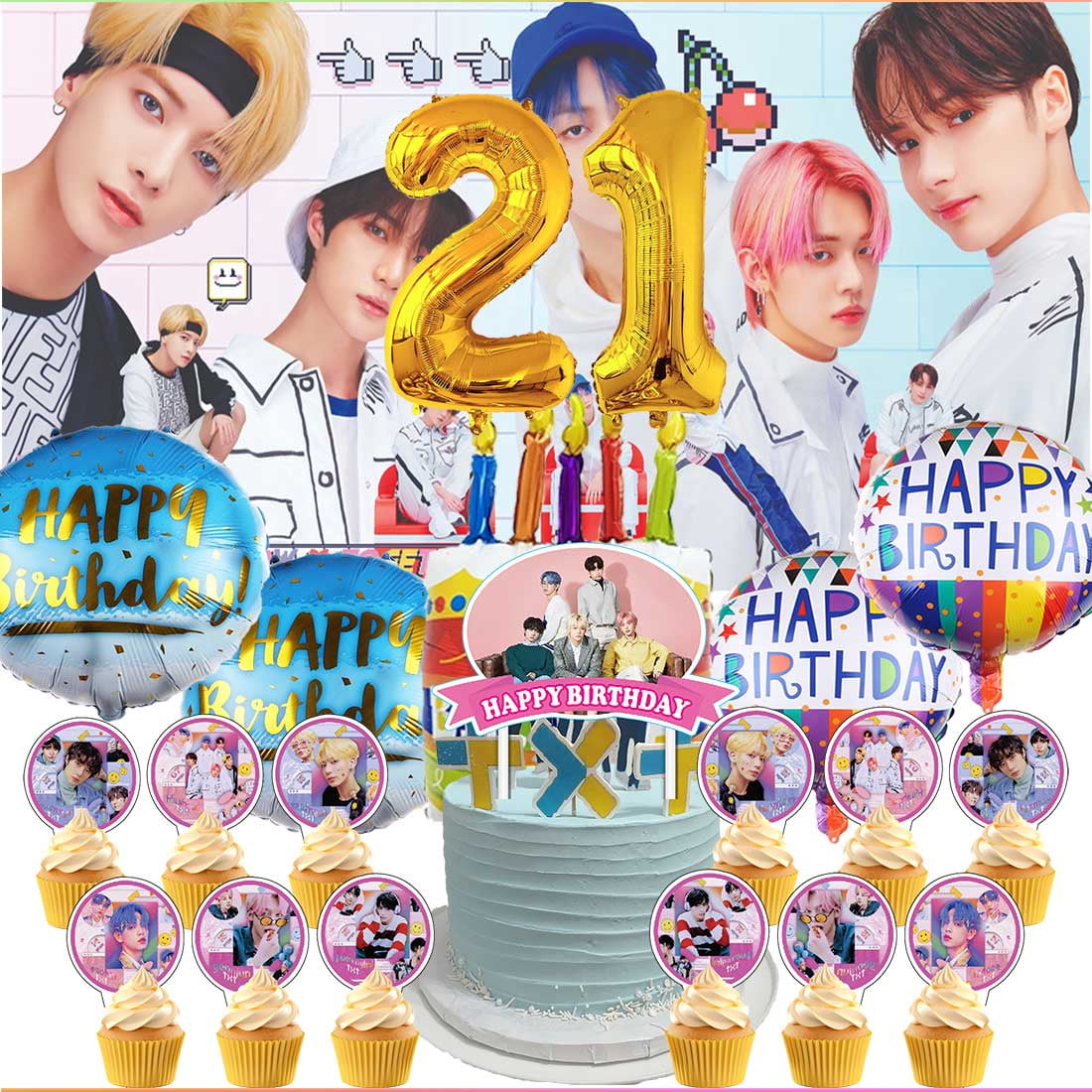Kpop TXT Party Supplies Decor 21th Kit Balloons Birthday Cake Topper ...