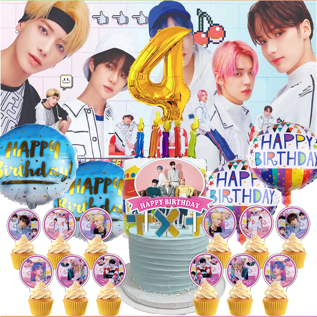 Kpop TXT Party Supplies Decor 4th Kit Balloons Birthday Cake Topper ...