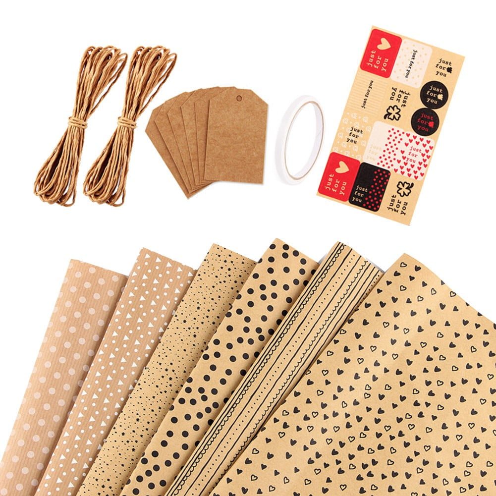 Kraft ,Birthday Wrapping Paper,6 Sheets Brown Paper with Tags Strings ...