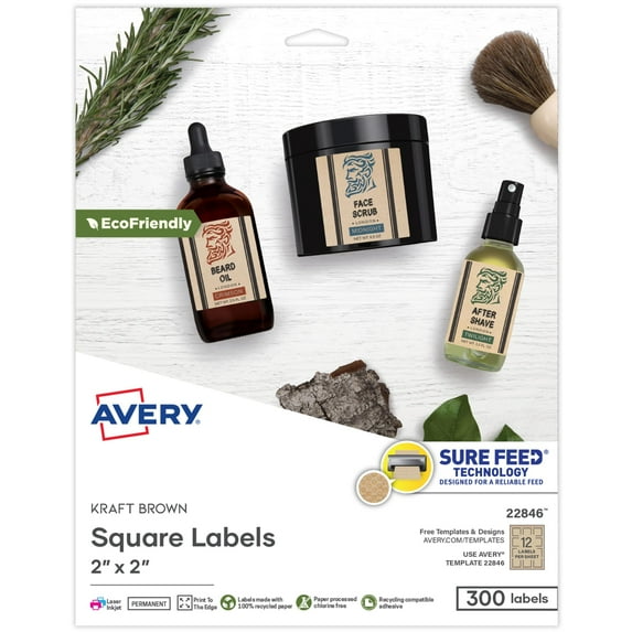 Kraft Brown Labels 2x2 Inches, 300 Labels Total, Sure Feed Technology ...