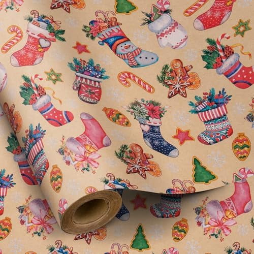 Kraft Christmas Wrapping Paper Roll - Mini Roll - Christmas Sock Design ...