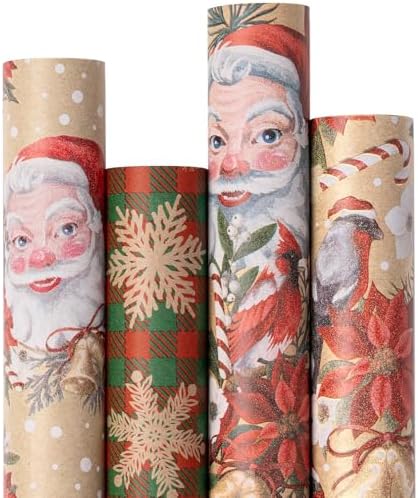 Kraft Christmas Wrapping Paper Set, Jumbo Roll, Vintage Santa, Bird ...