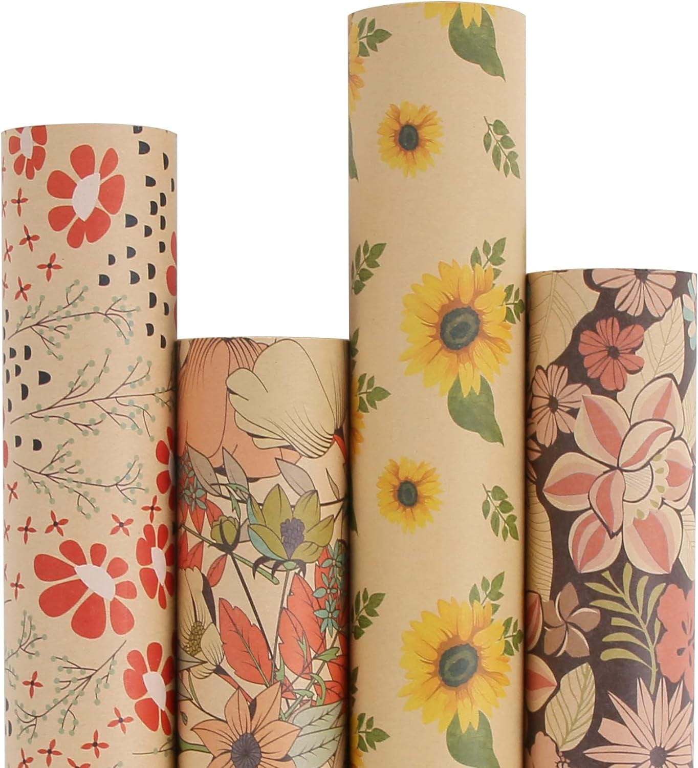 Kraft Floral Wrapping Paper Bundle - Vintage Sunflower Flower Gift Wrap ...