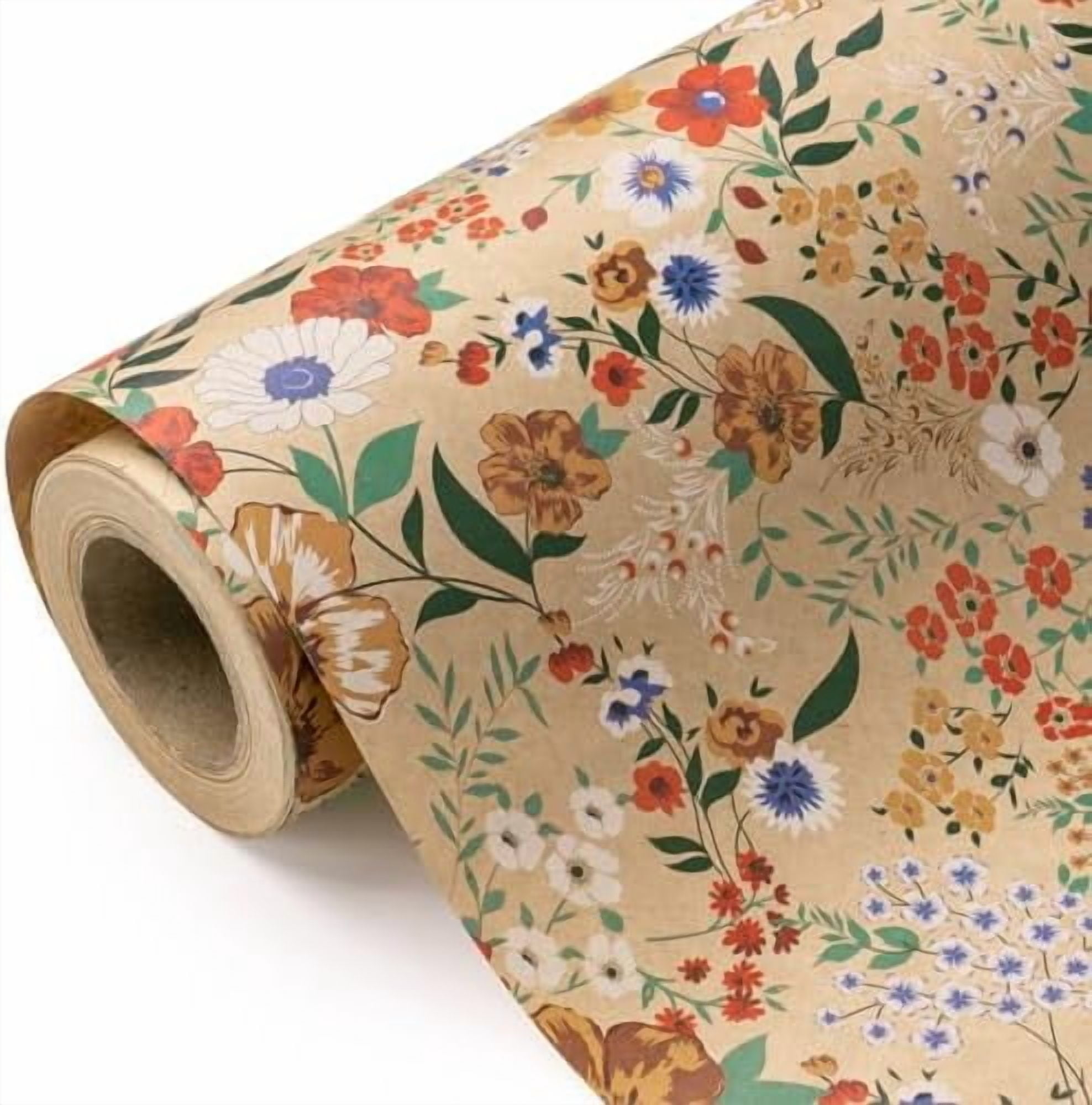 Kraft Floral Wrapping Paper Roll - Mini Roll - 17 Inch x 33 Feet - All ...