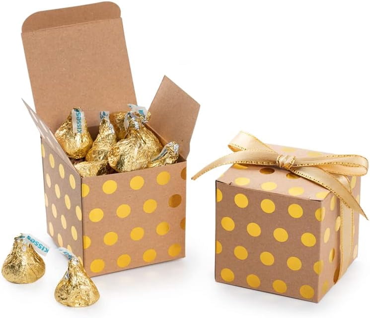 Kraft Gift Candy Box with Gold Dots Bulk 2x2x2 inches with Ribbon Party ...