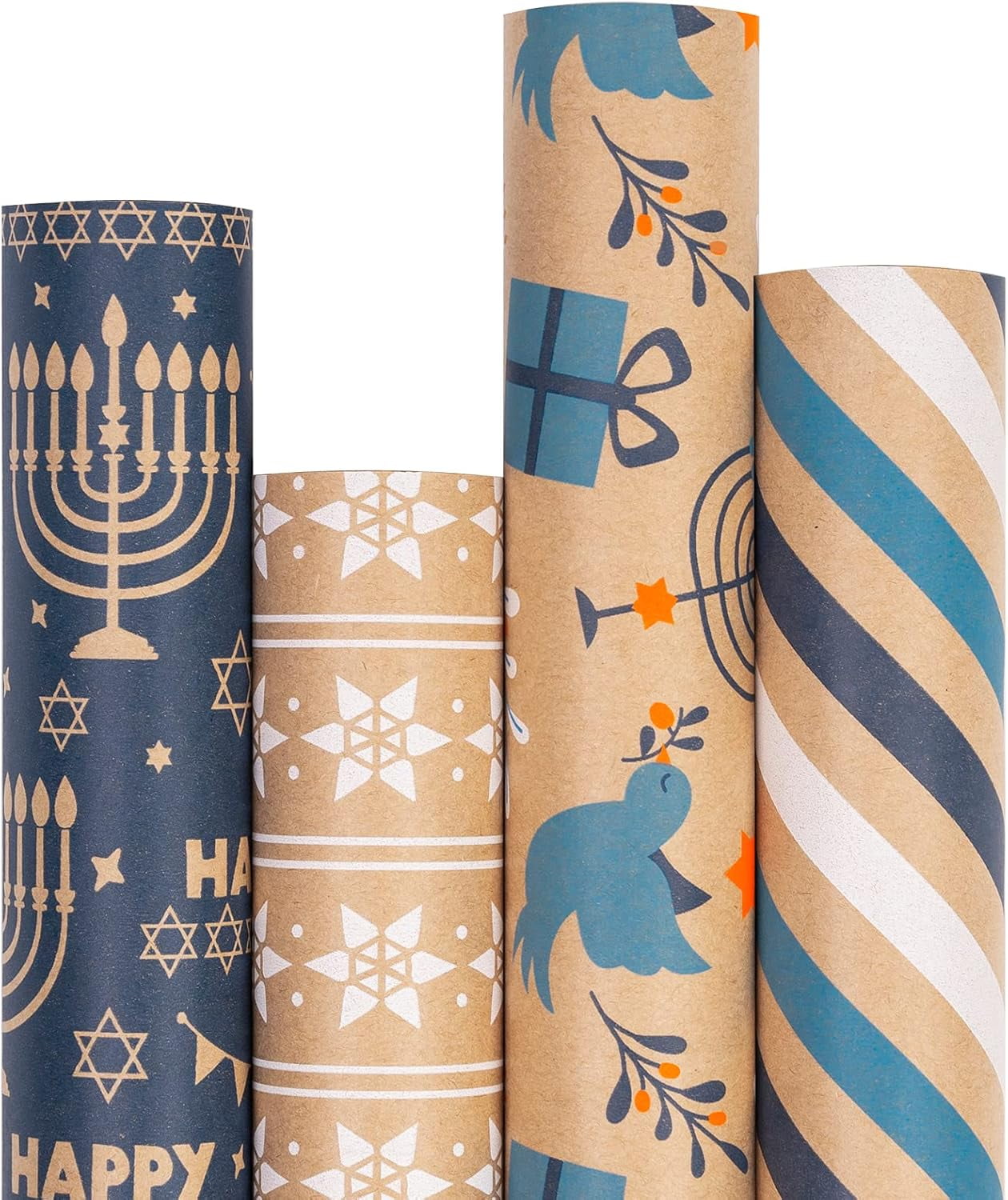 Kraft Hanukkah Wrapping Paper Roll - Blue Menorah, Birds, Stripe and ...