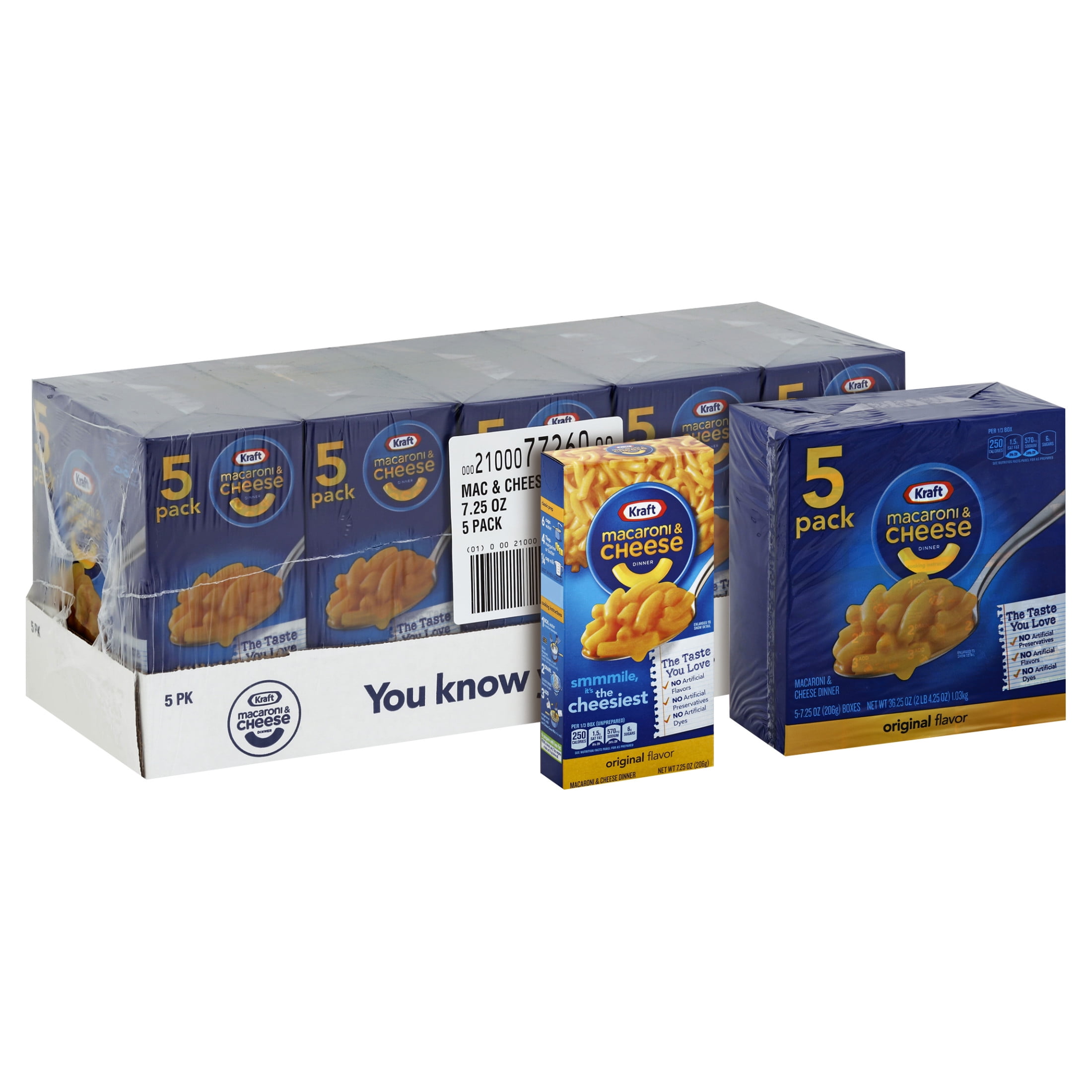 Kraft Original Mac & Cheese Macaroni and Cheese Dinner, 5 ct Pack, 7.25 ...