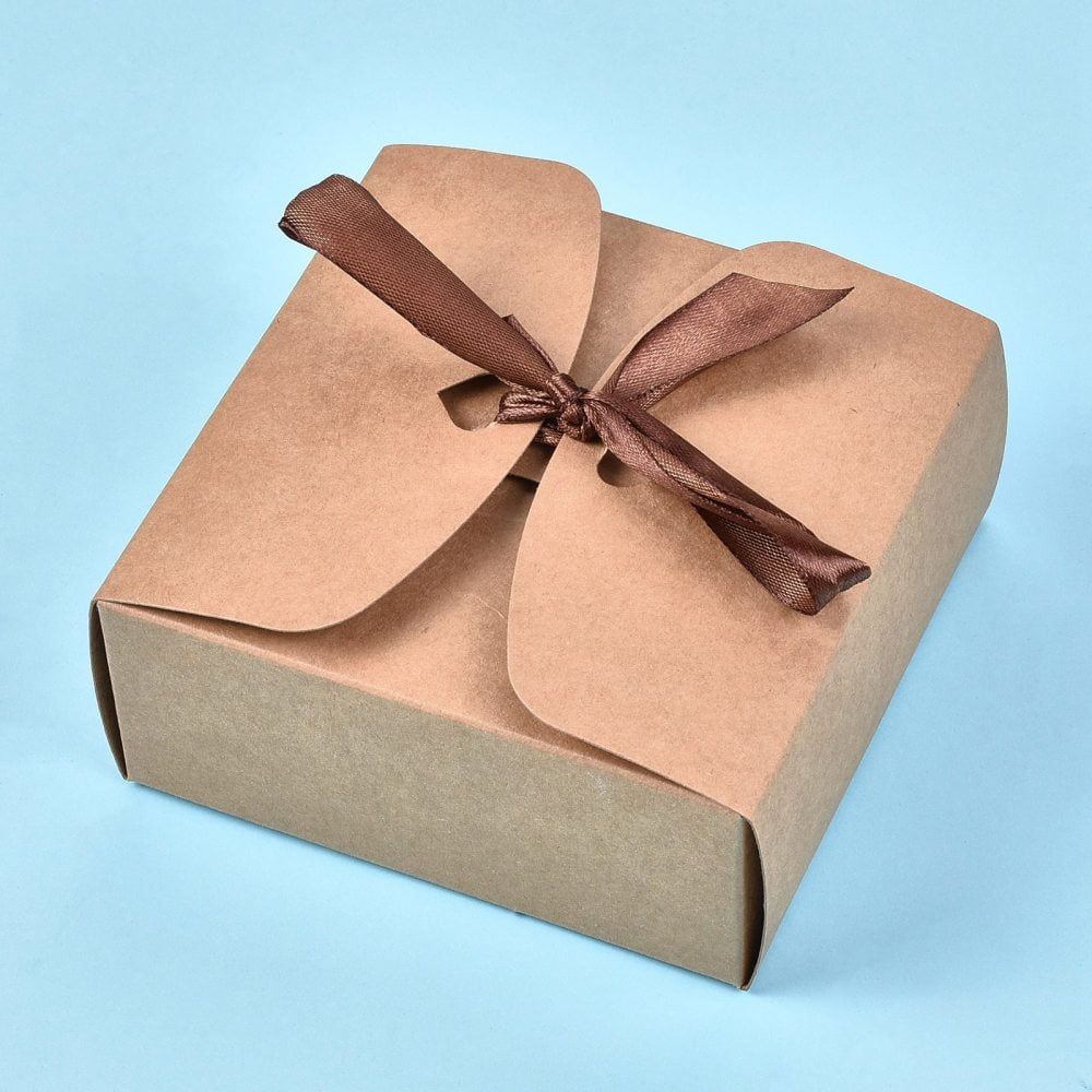 Kraft Paper Gift Box Folding Boxes with Ribbon Bakery Cake Biscuits Box ...