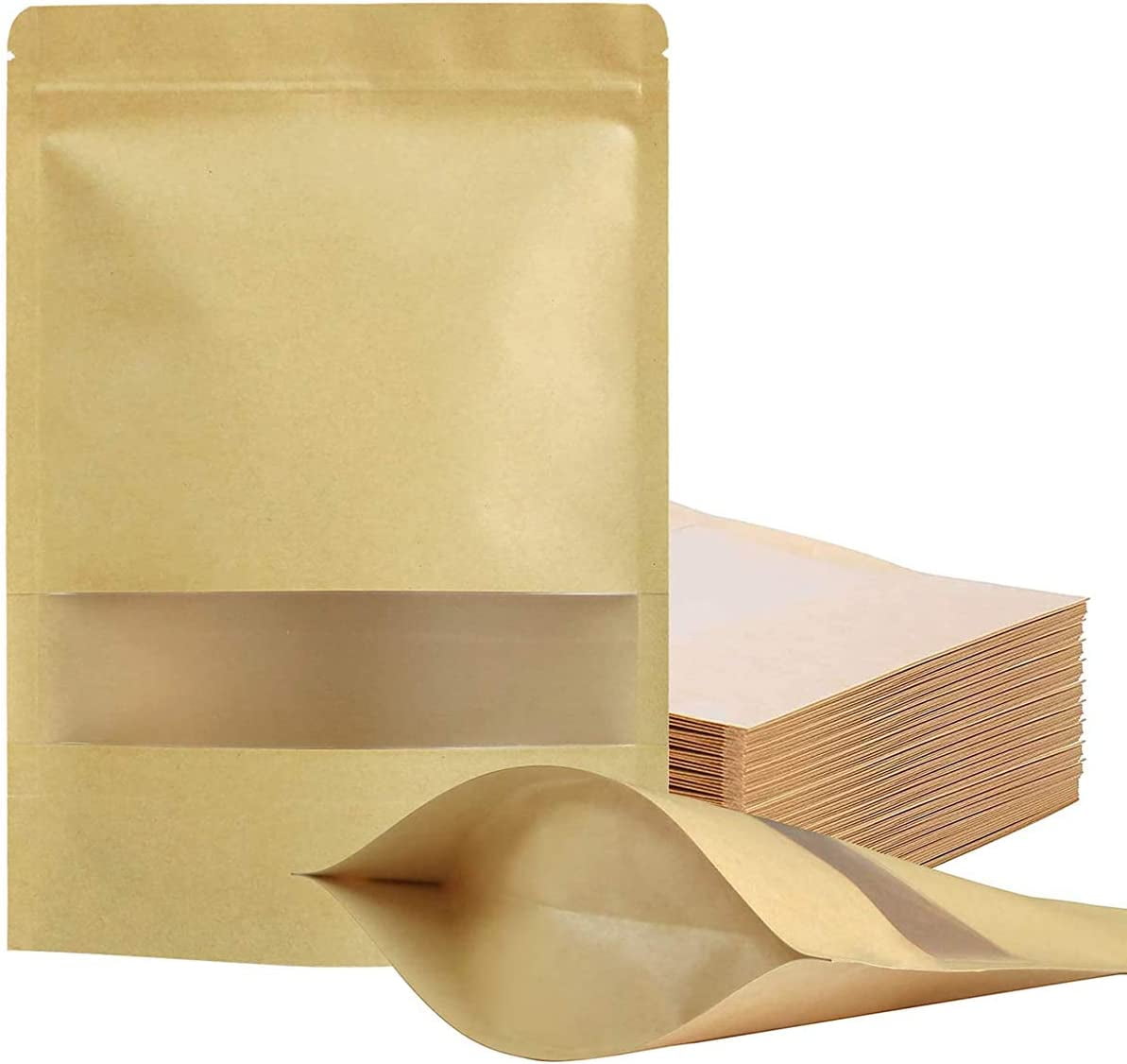 Kraft Paper Zipper Pouch Bags with Window, 100 Pcs Kraft Stand Up ...
