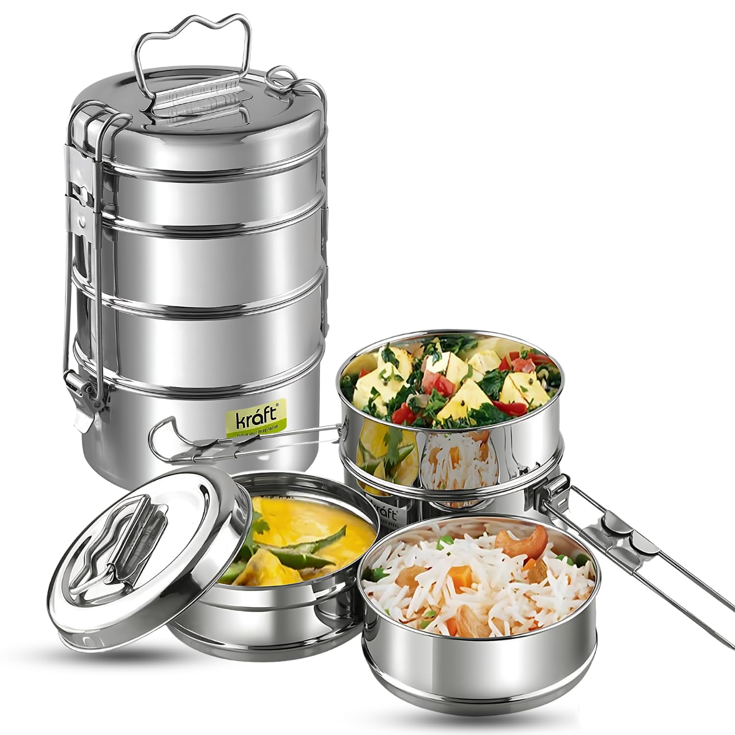 Kraft Stainless Steel Lunch Box with Handle 2290 Ml 4 Tier Compartment ...