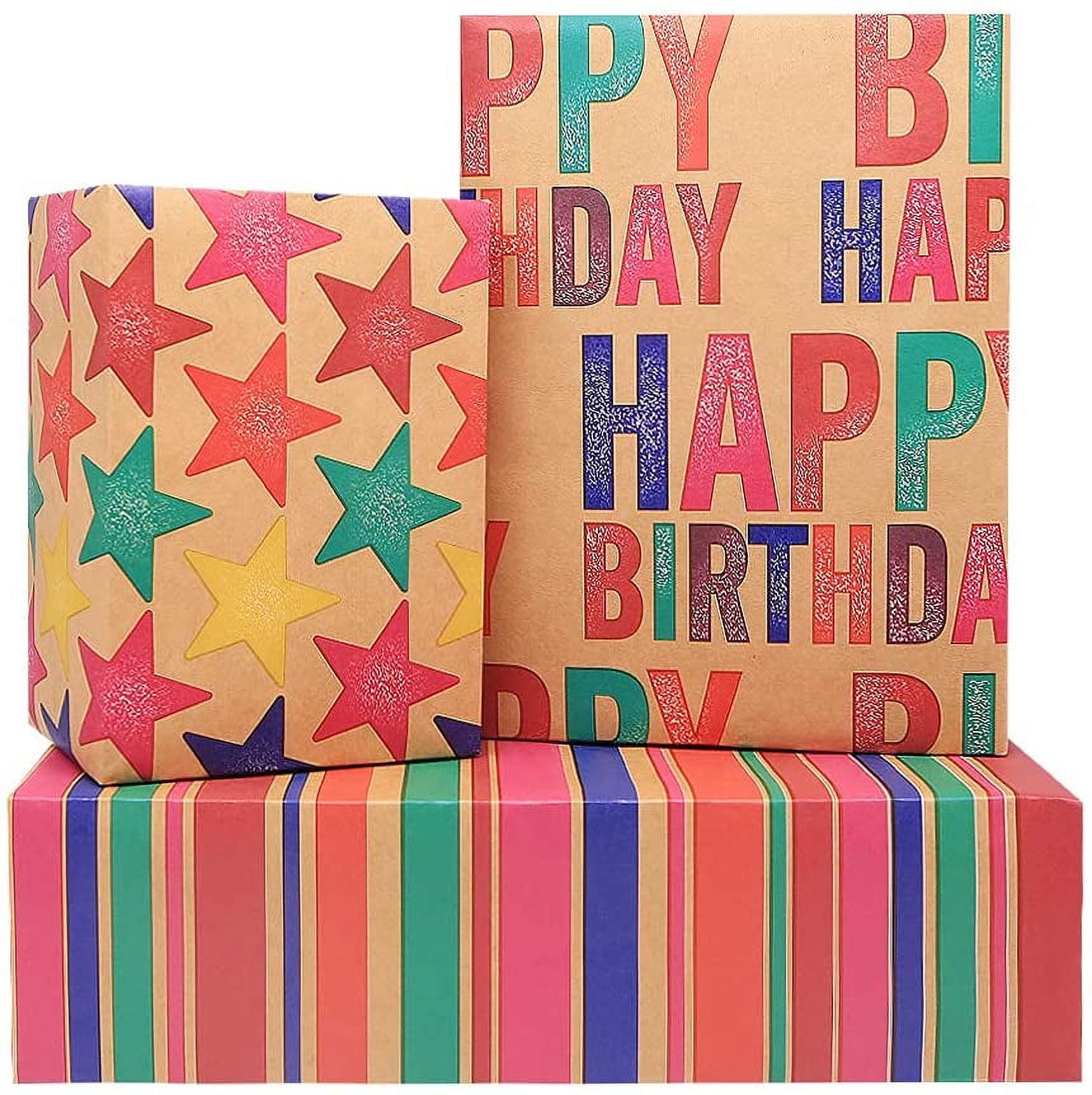 Kraft Wrapping Paper Birthday Roll Set (6 sheets, 3 Designs) - Walmart.com