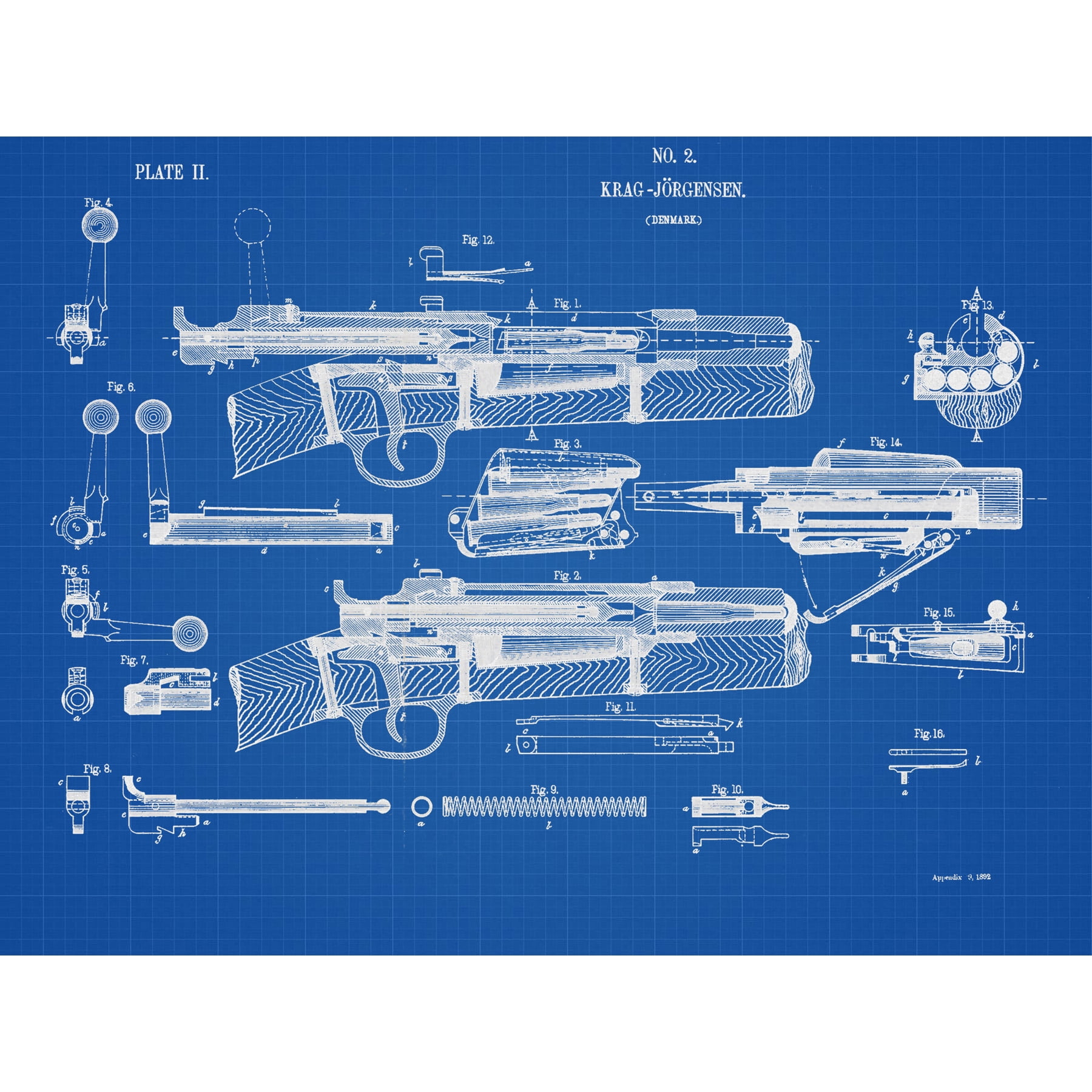 Krag Jorgensen Danish Technical Drawing Extra Large XL Wall Art Poster ...