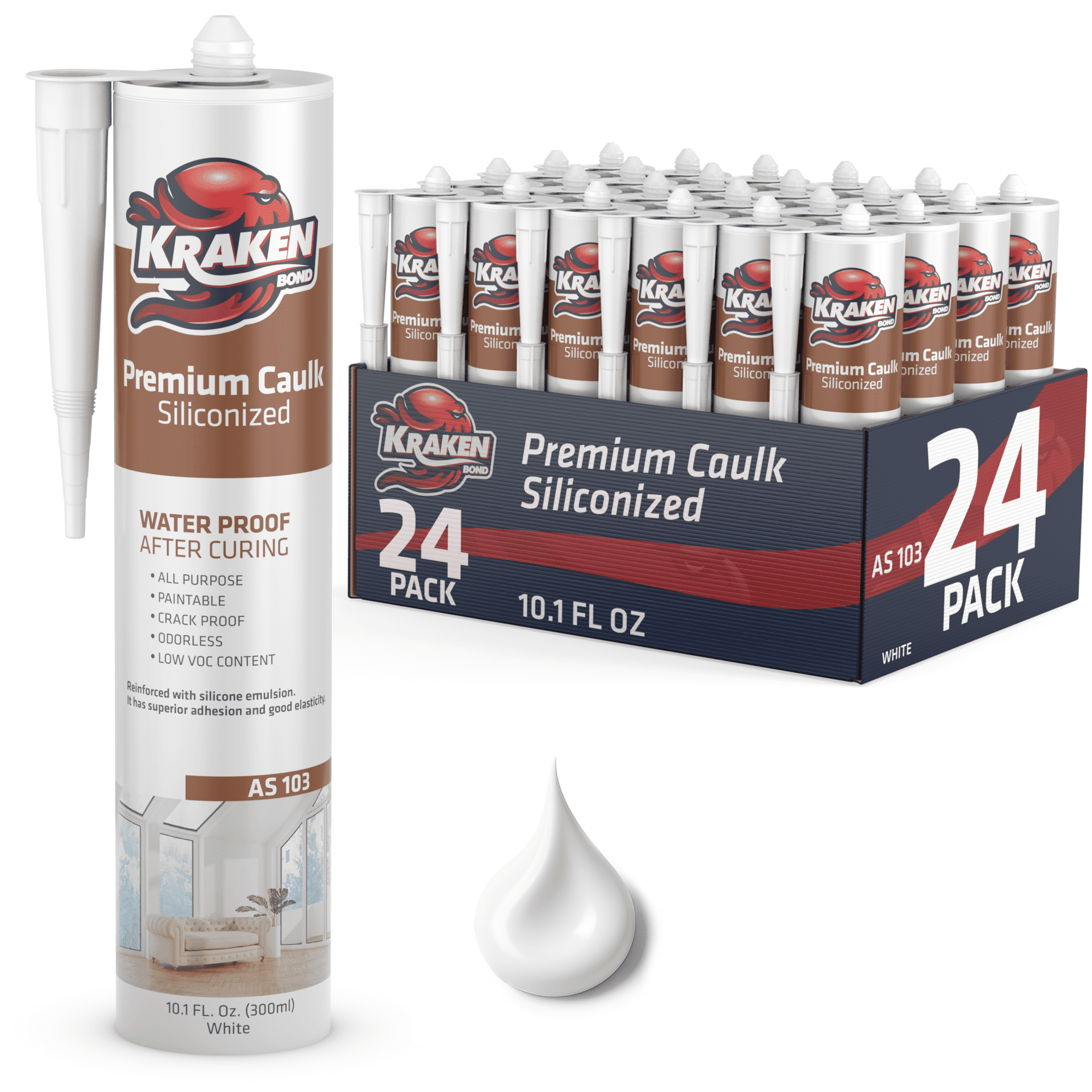 Kraken Bond Premium Siliconized Caulk -Paintable, White, 10.1 oz-24 ...