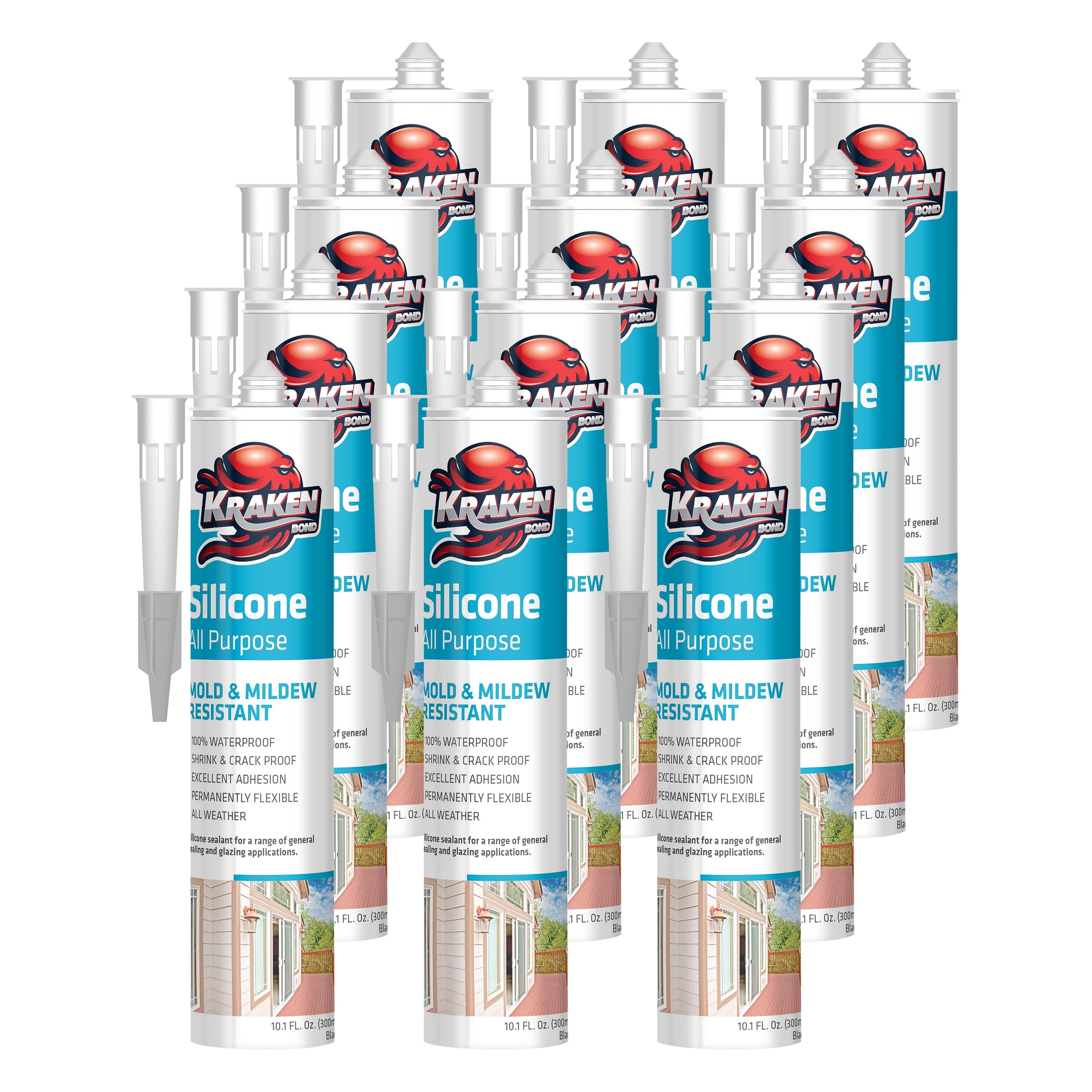 Kraken Bond RTV Silicone Caulk - All Purpose Silicone Sealant, Water Resistant, Clear, 12 Pack ...