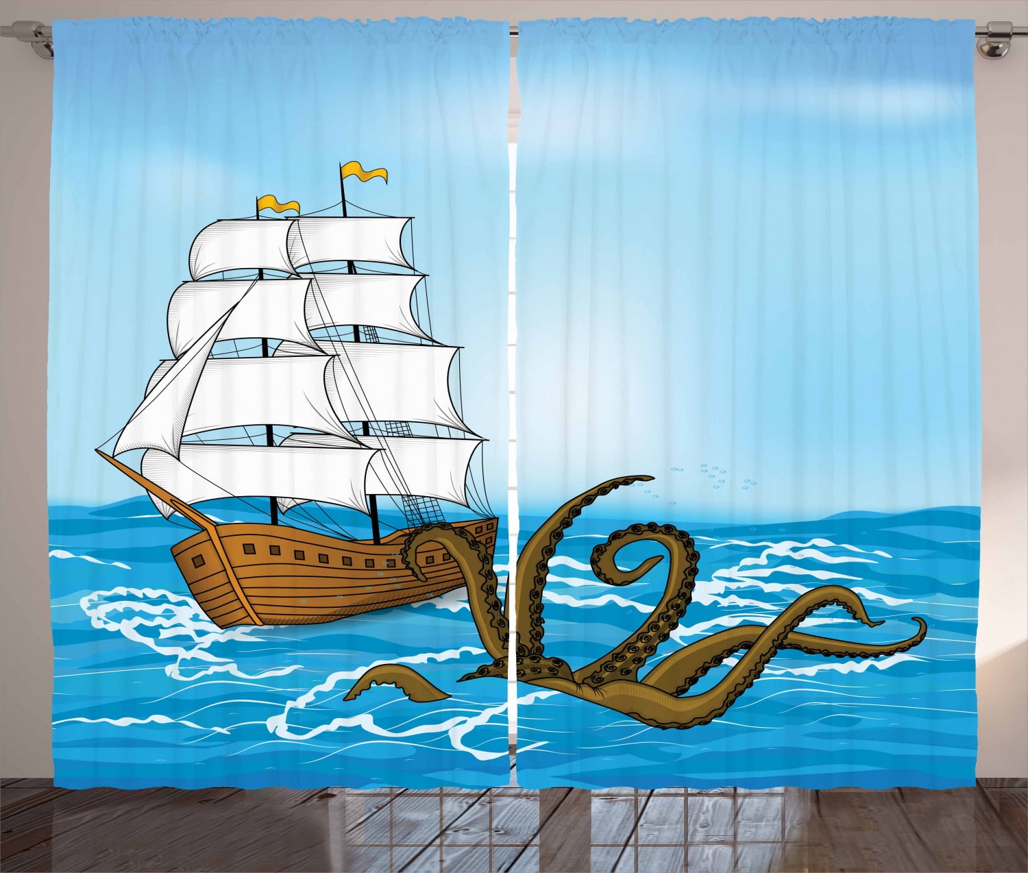 Ambesonne Ocean Curtains 2 Panel Set, Ship in Waves and Kraken, 108" x ...