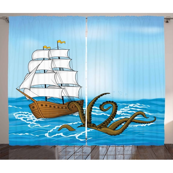 Ambesonne Ocean Curtains 2 Panel Set, Ship in Waves and Kraken, 108" x ...