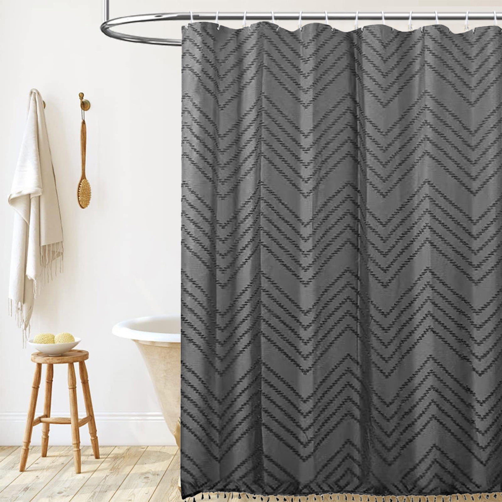 Kraoden Boho Fabric Shower Curtain with Tassels, Textured Polyester ...