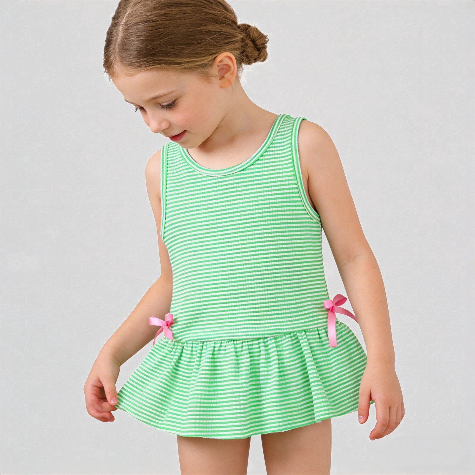 Krdevn Girls' One Piece Swim Dress Striped Ribbed Knit Bow Accents ...