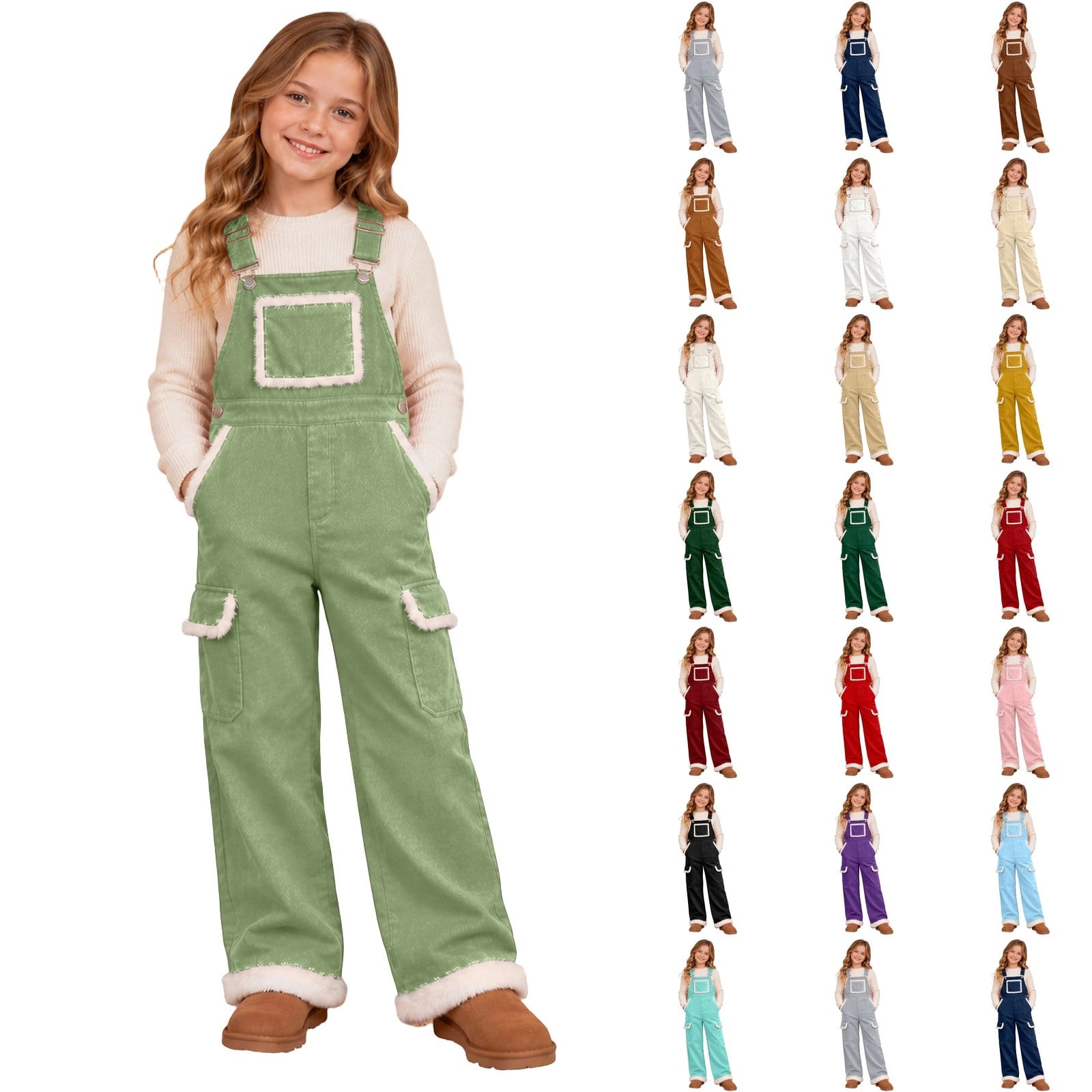 Krdevn Kids Overalls Pants, Fuzzy Wide Leg Adjustable Strap Cargo Bib ...