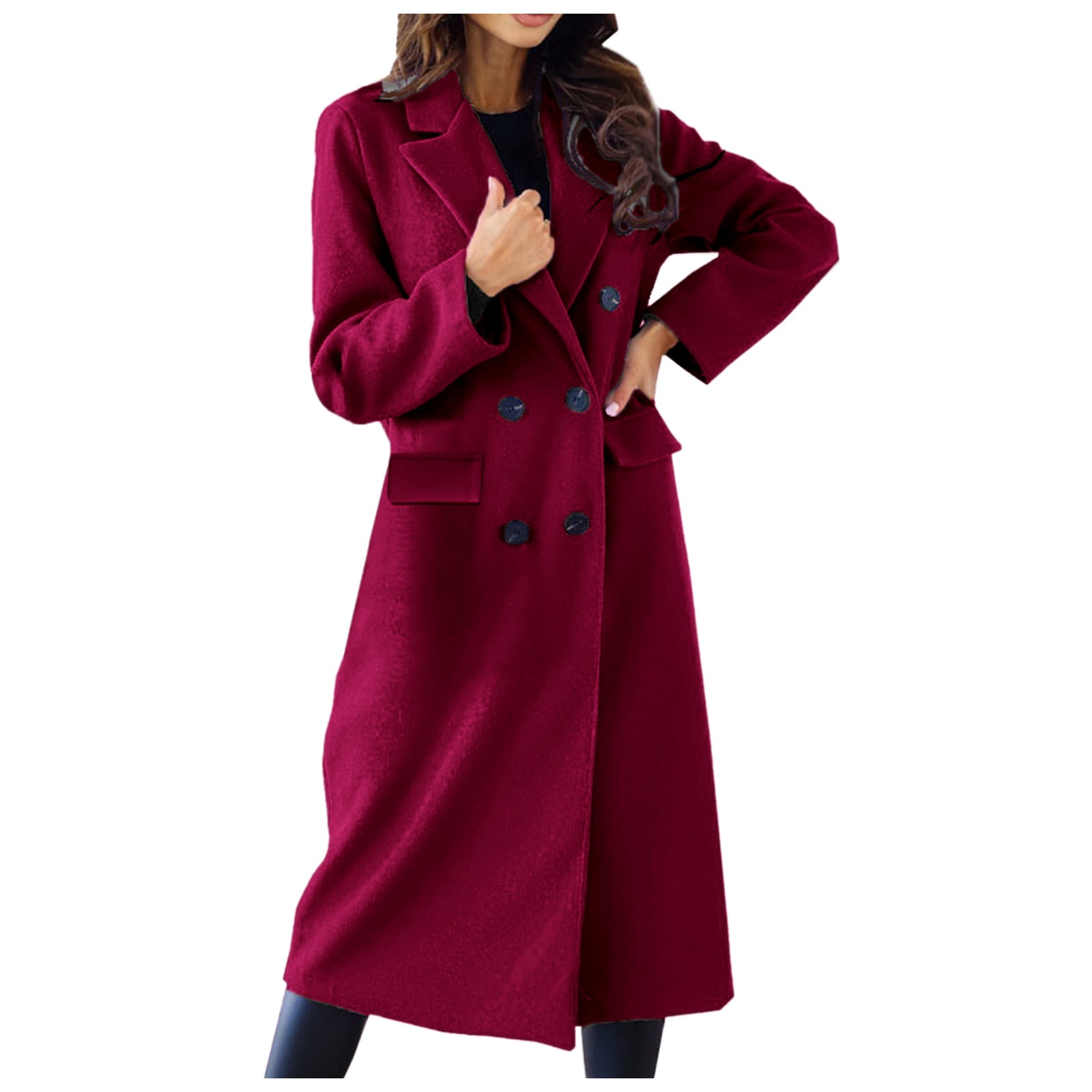 Krdevn Women Winter Wool Blend Camel Mid-Long Coat Notch Double- Lapel Jacket Outwear -Red,3XL ...