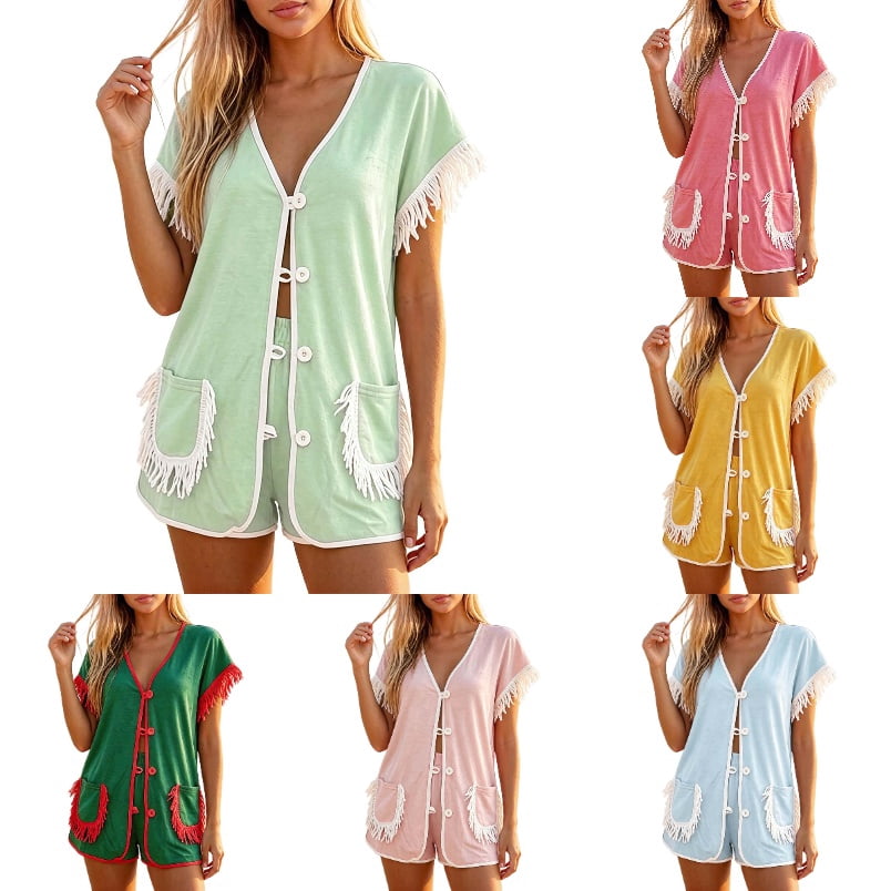 Krdevn Women's Fringe Trim Two Piece Loungewear Set Button Down ...