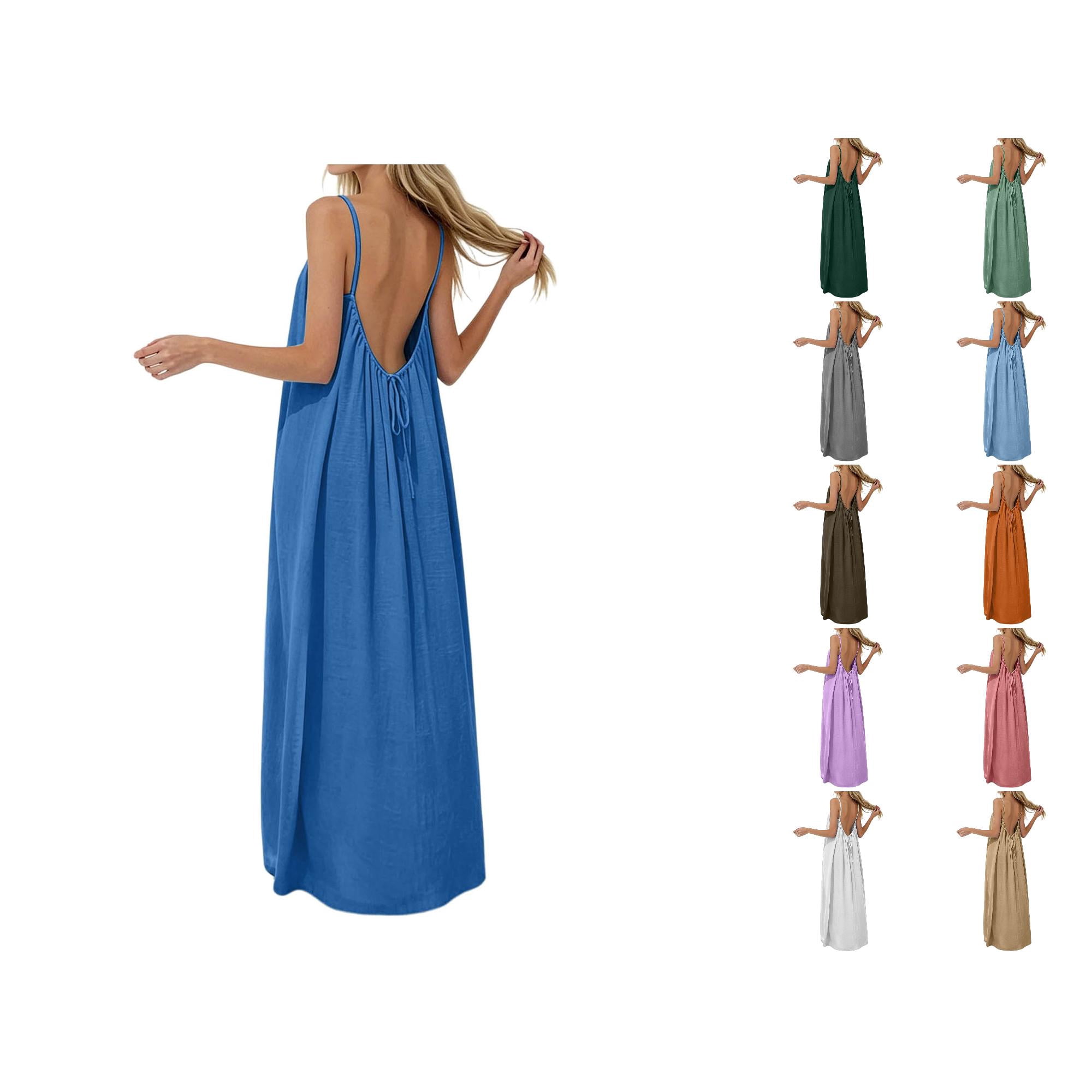 Krdevn Womens Open Back Maxi Dress Spaghetti Strap Tie Back Loose ...
