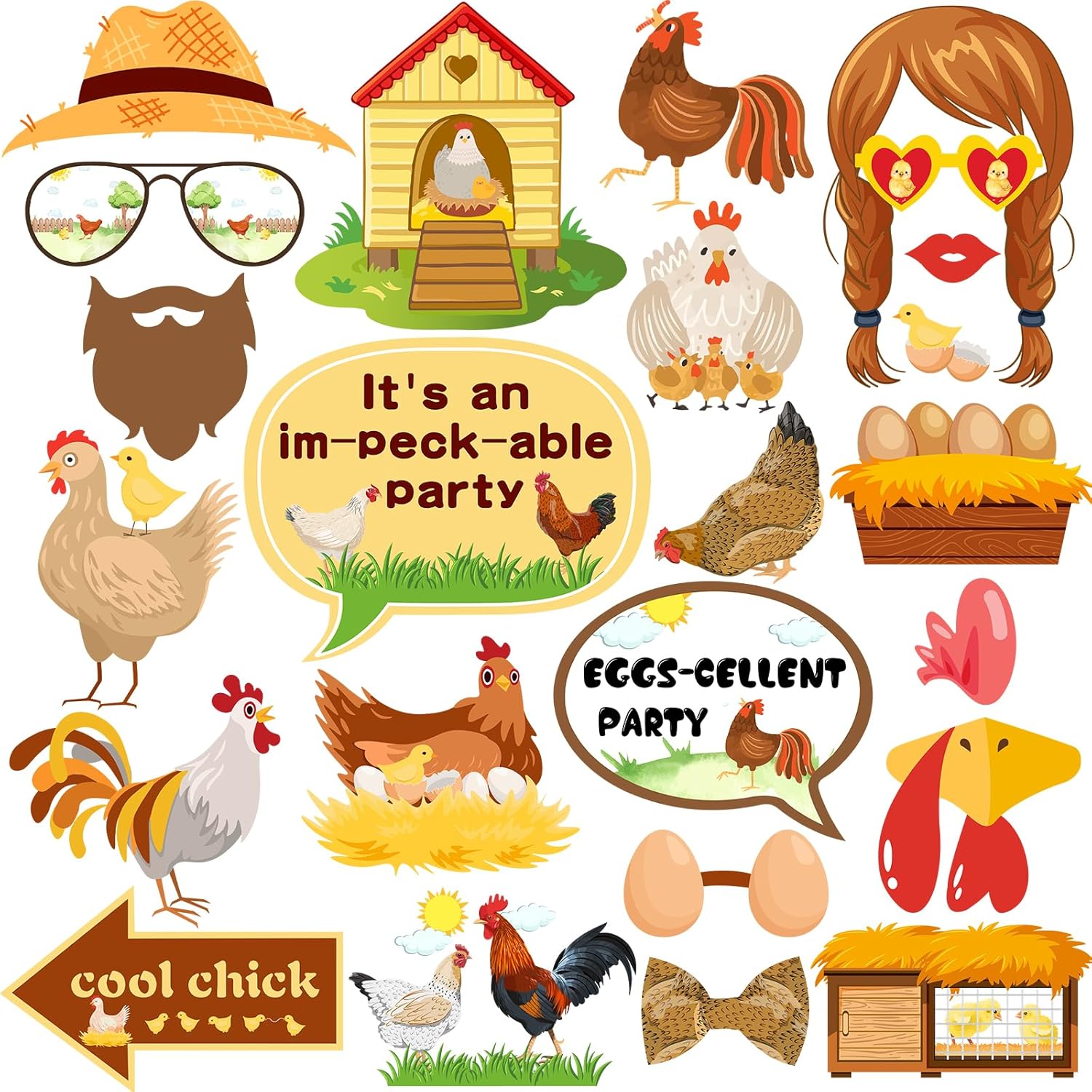 Kreatwow 24pcs Chicken Photo Booth Props Chicken Party Decorations ...