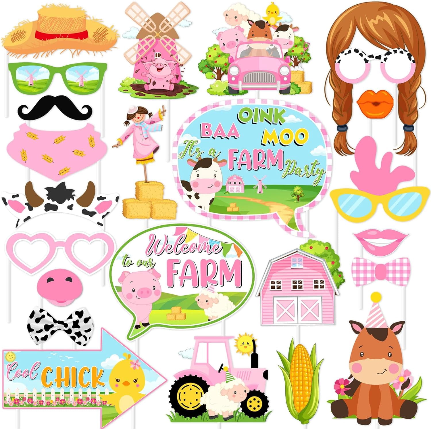 Kreatwow 24pcs Pink Farm Animal Photo Booth Props Farm Animal Birthday ...