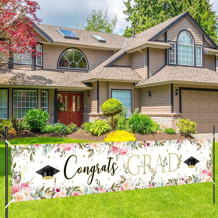 Kreatwow Floral Graduation Party Yard Banner Pink Black Congrats Grad ...