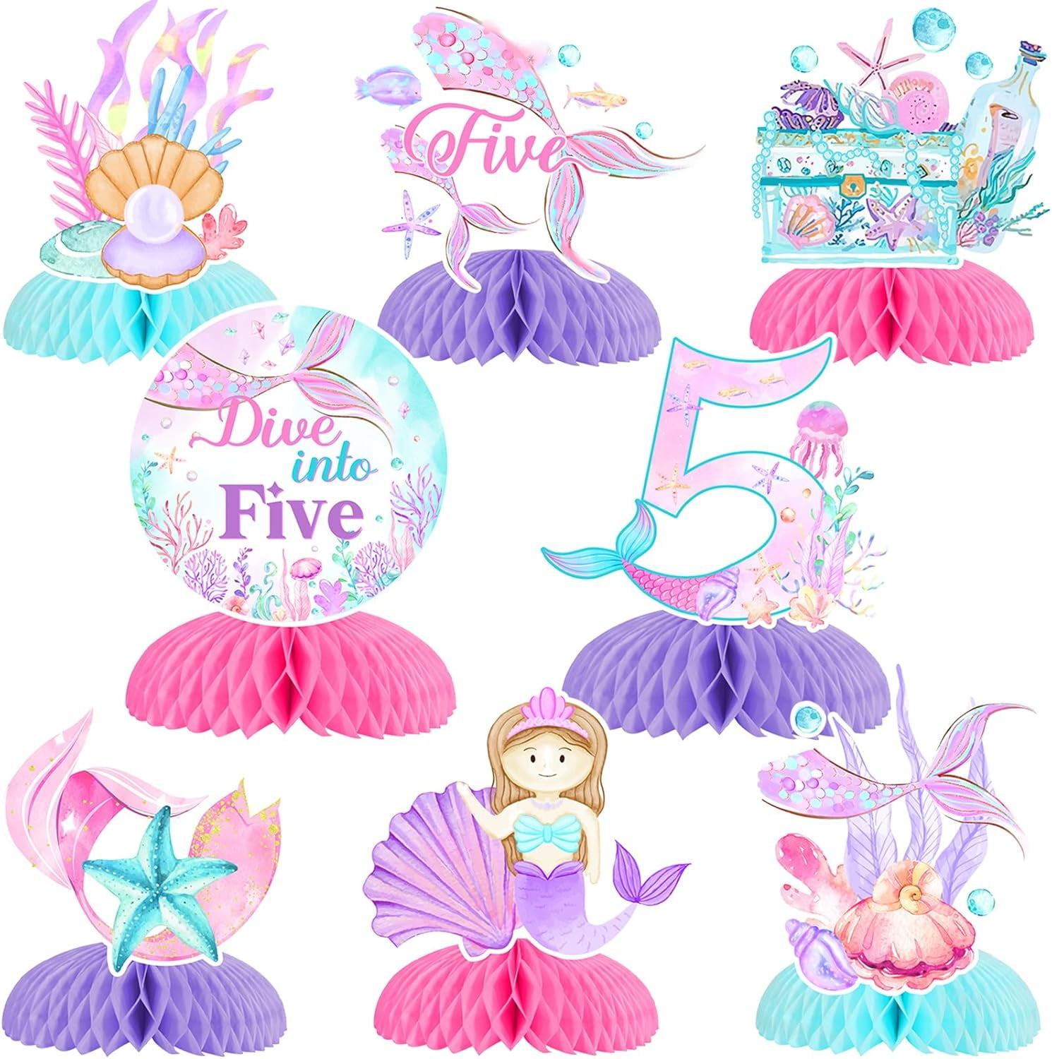 Kreatwow Mermaid 5th Birthday Decorations 8pcs Mermaid Dive Into 5 ...
