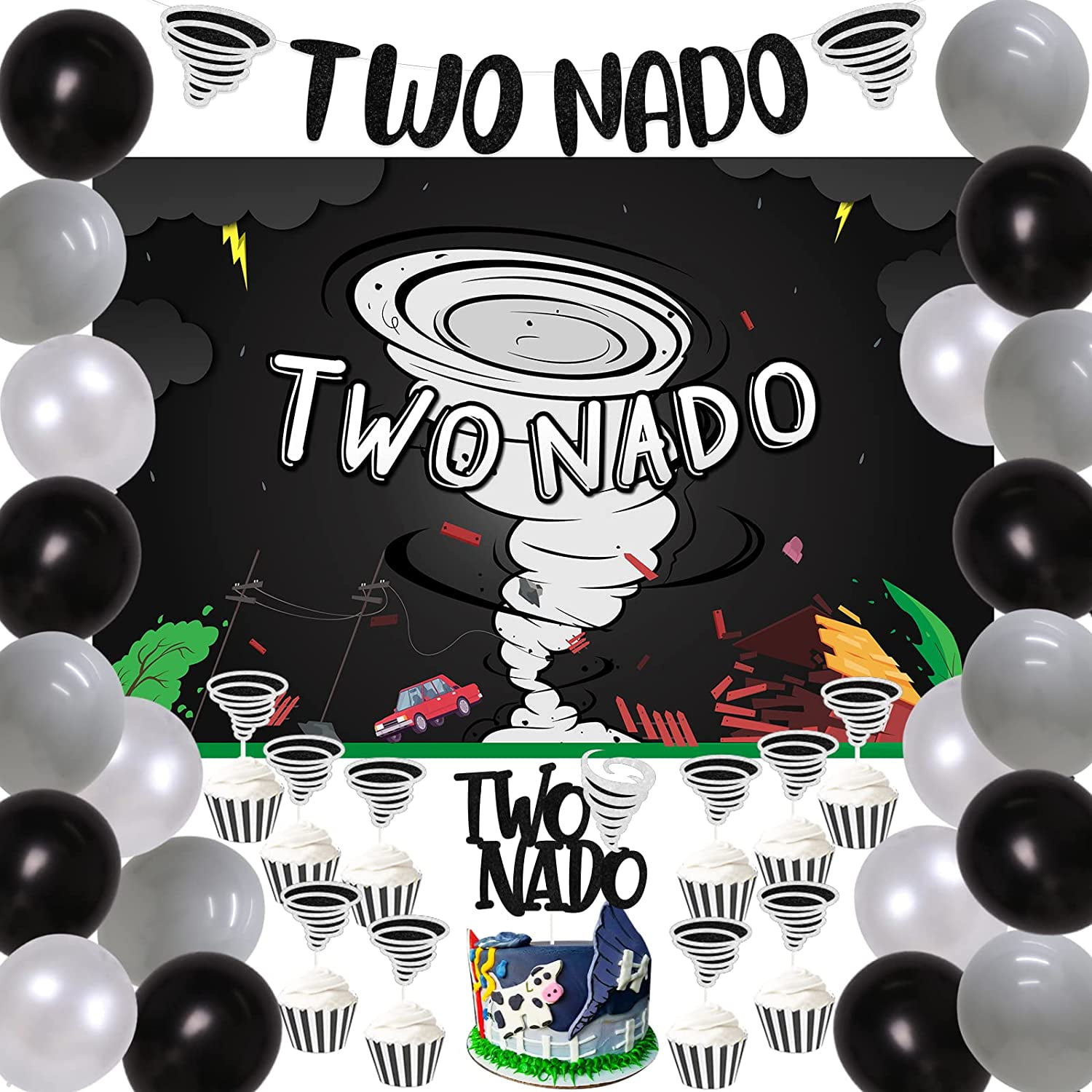 Kreatwow Two Nado Party Decoration Kit, 5 x 3 ft Backdrop, 12 Cupcake ...