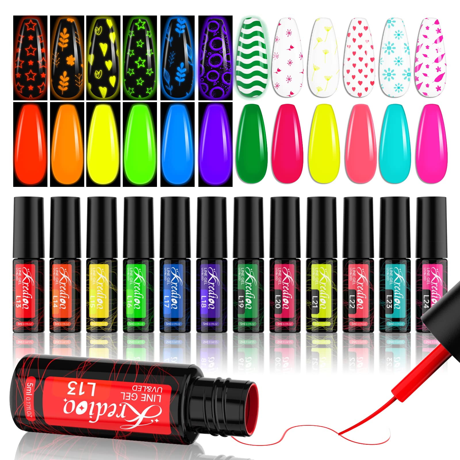 Kredioo Gel Liner Nail Art Polish, Glow-in-the-dark Neon 12 Colors Gel ...