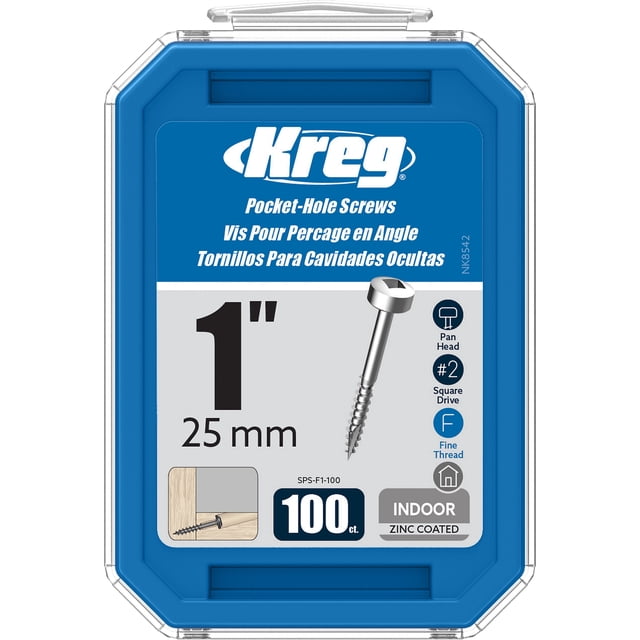 Kreg SPS-F1-100 Zinc Pocket Screws, 1-Inch #6 Fine Thread, Pan Head ...